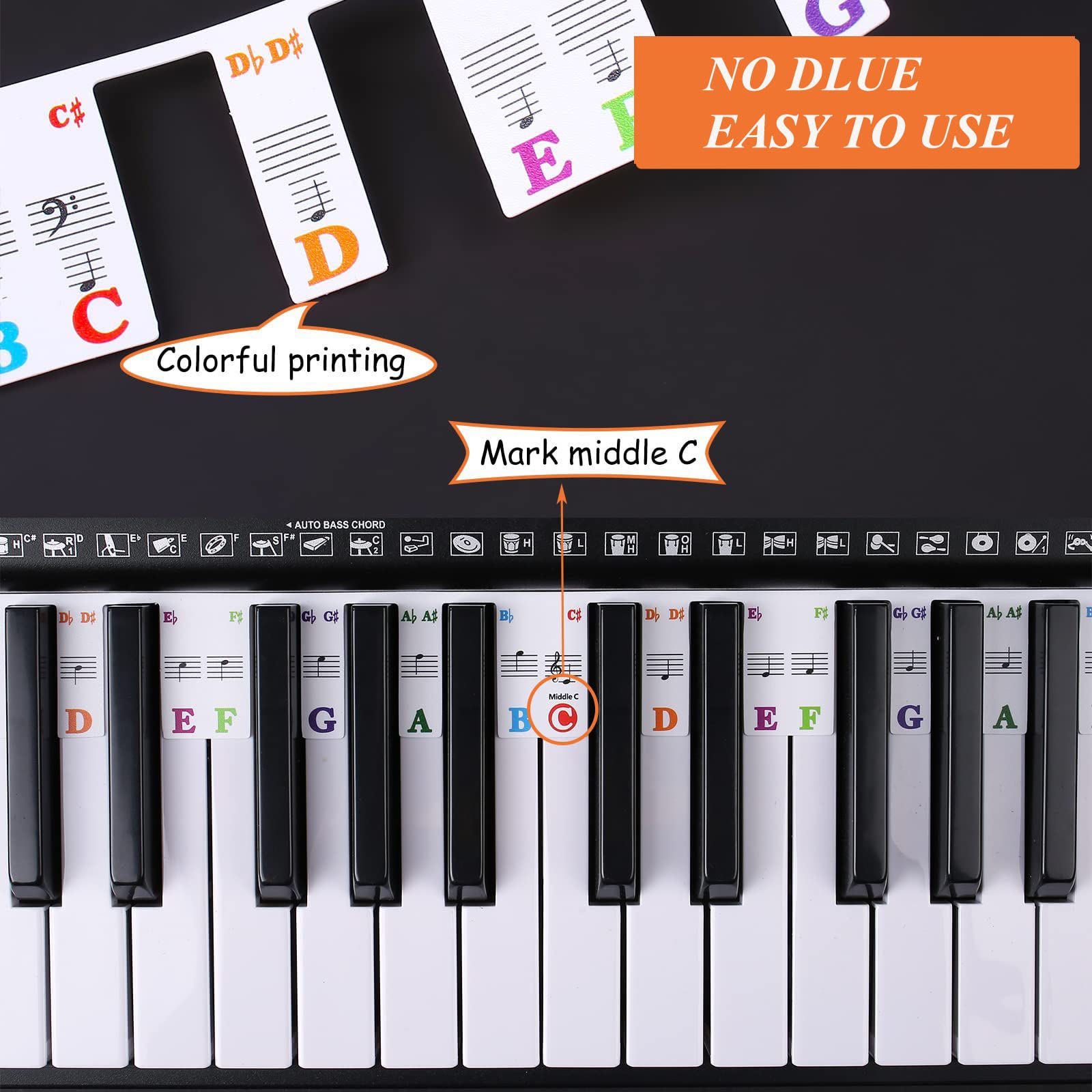 WIVICO Removable Piano Keyboard Note Labels, 88/61/ 54/49 Key Full Size, Silicone Piano Letter Keyboard Notes Overlay Stickers for Adults Beginners