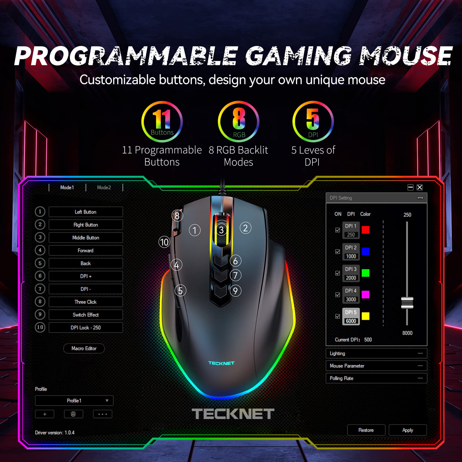 TECKNET Wired Gaming Mouse, Ergonomic Gaming Mouse with 8000DPI, RGB Computer Mice with 11 Programmable Buttons, PC Gaming Mice for Notebook Laptop Mac Book, Fire Button(Ratón de juego)