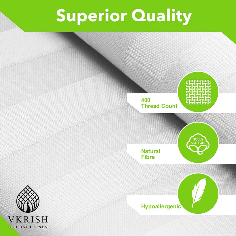 VKRISH 400 Thread Count Queen Size Cotton Sheet Set 4 Piece Damask Striped Sheets 100% Cotton Cooling Plum Bed Sheets Luxury Sateen Weave Hotel Quality, 16" Deep Pocket, Oeko-Tex Certified