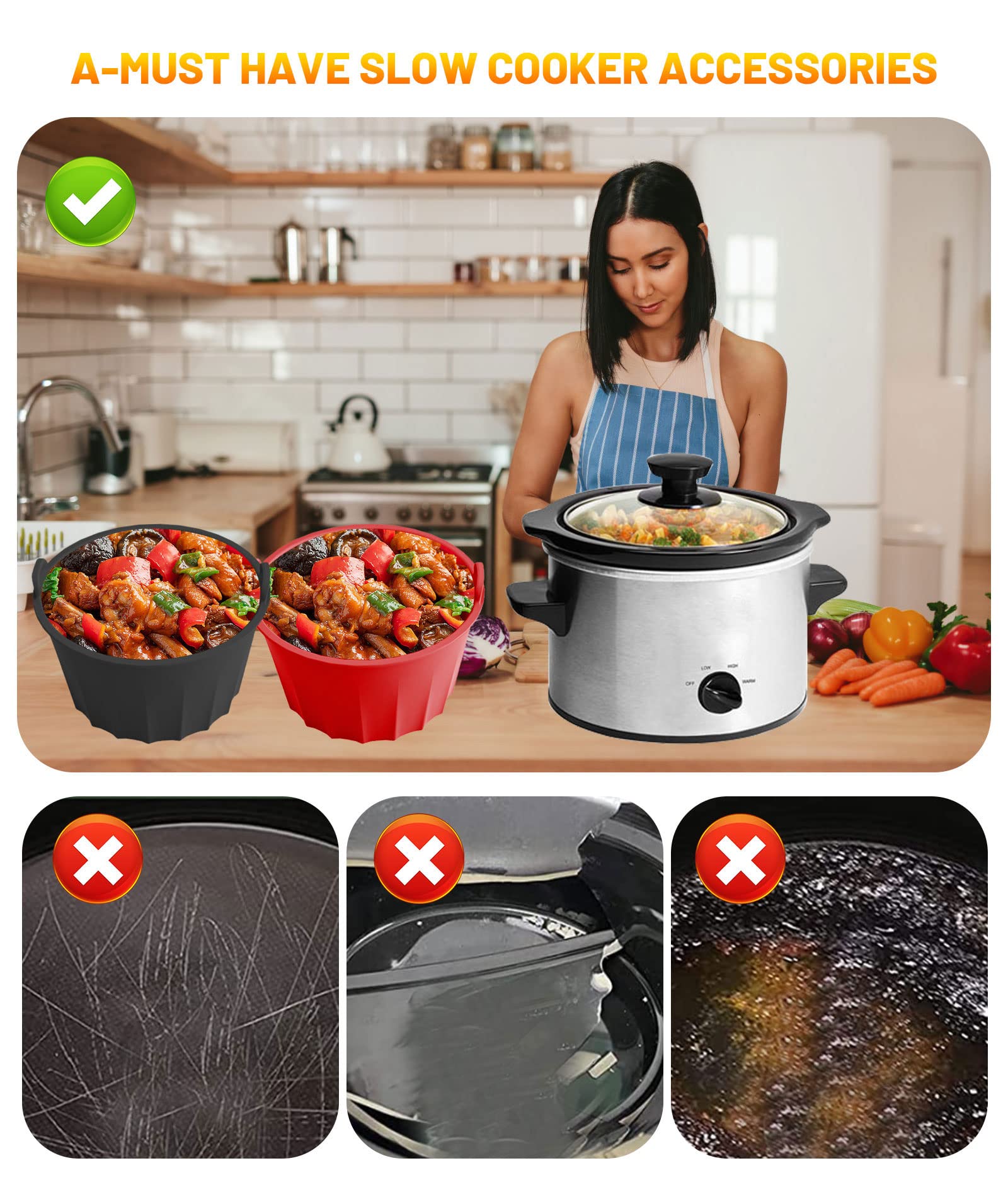 Slow Cooker Liners, 2pcs Reusable Round Cooking Liner Leak-proof Silicone Slow Cooker Liner fit 5-6 Quart Oval Slow Cooker
