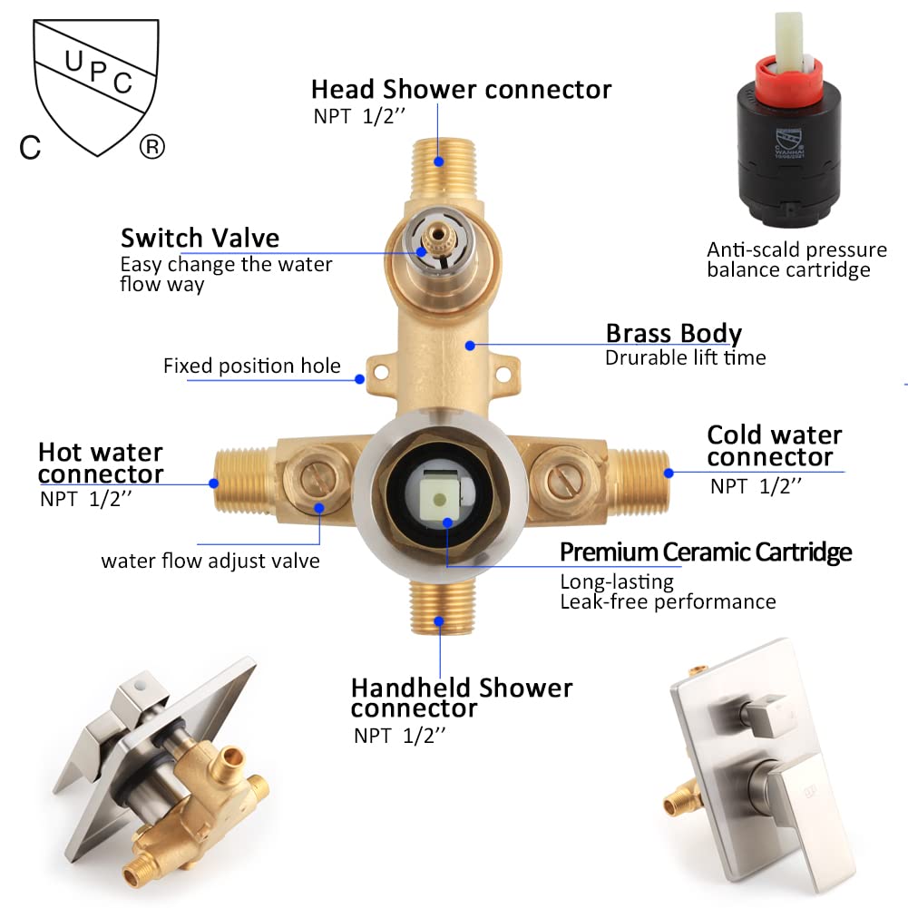 POP SANITARYWARE Ceiling Mount Shower Faucet Set Brushed Nickel Bathroom Luxury Rain Mixer 12 Inch Shower Head System with Handheld Single Handle Shower Trim Kit with Valve