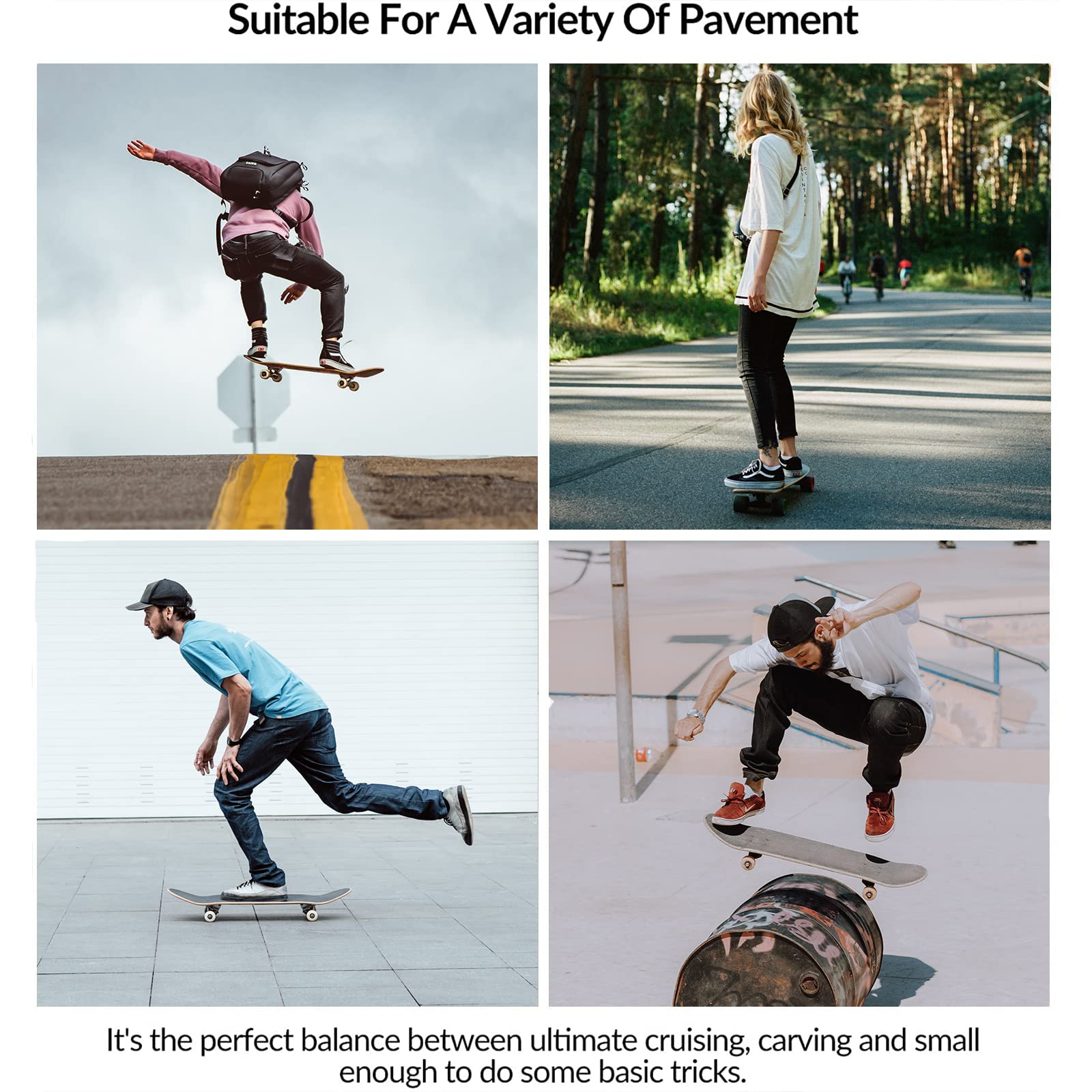 Skateboards for Beginners, 31 Inch Complete Skateboard for Kids Teens Adults, 7 Layer Canadian Maple Double Kick Deck Concave Cruiser Trick Skateboard