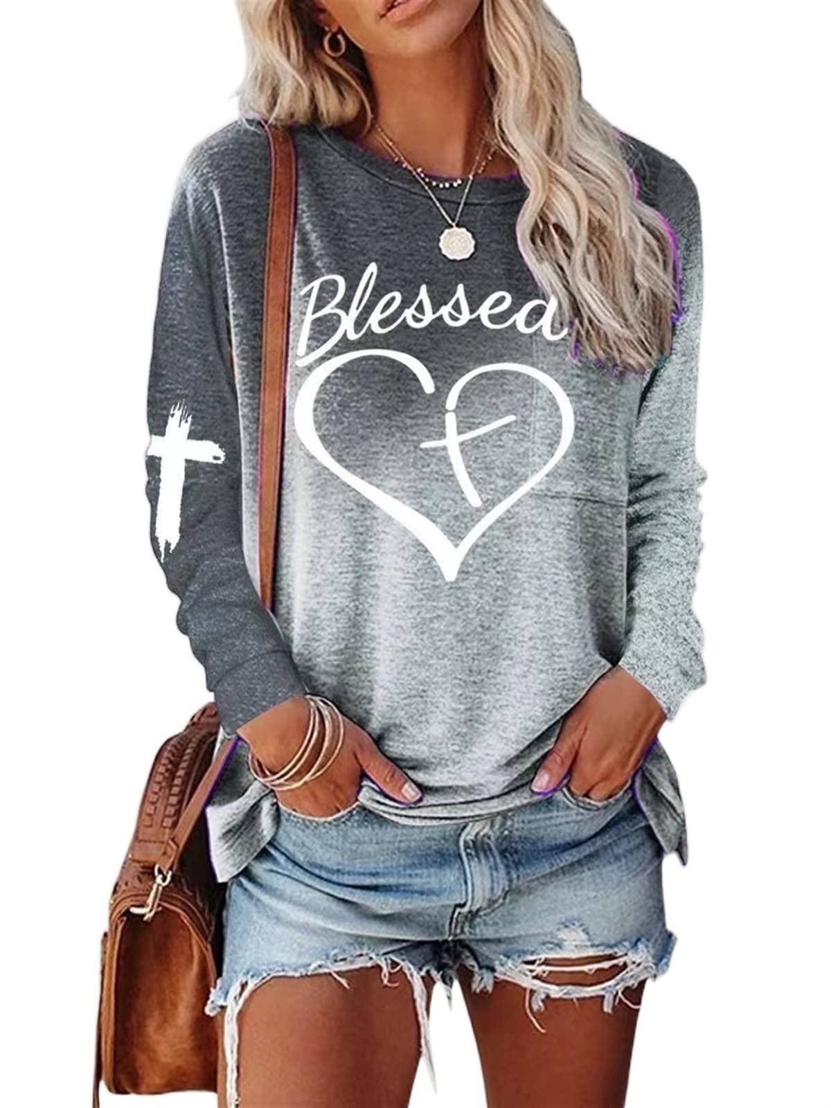 Womens Blessed Jesus Cross Letter Print Long Sleeve Sweatshirt Shirt Christian Faith Pullover Shirt Tops (Color : Gray, Size : Large)