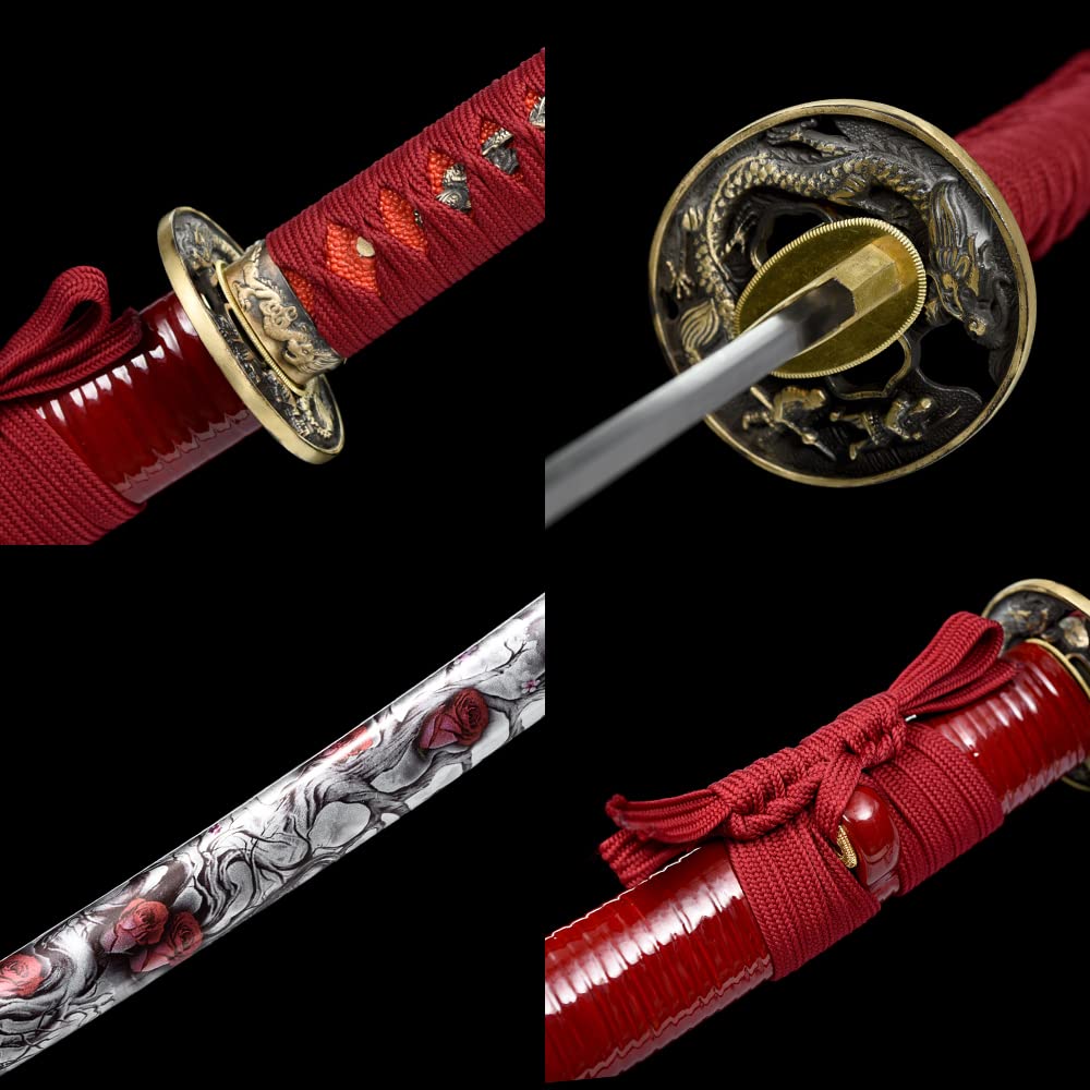 Real Japanese Samurai Katana Sword 1095/T10High Carbon Steel Heat Tempered/Clay Tempered, Full Tang Dragon Tsuba,Full Tang,Functional Sharp…