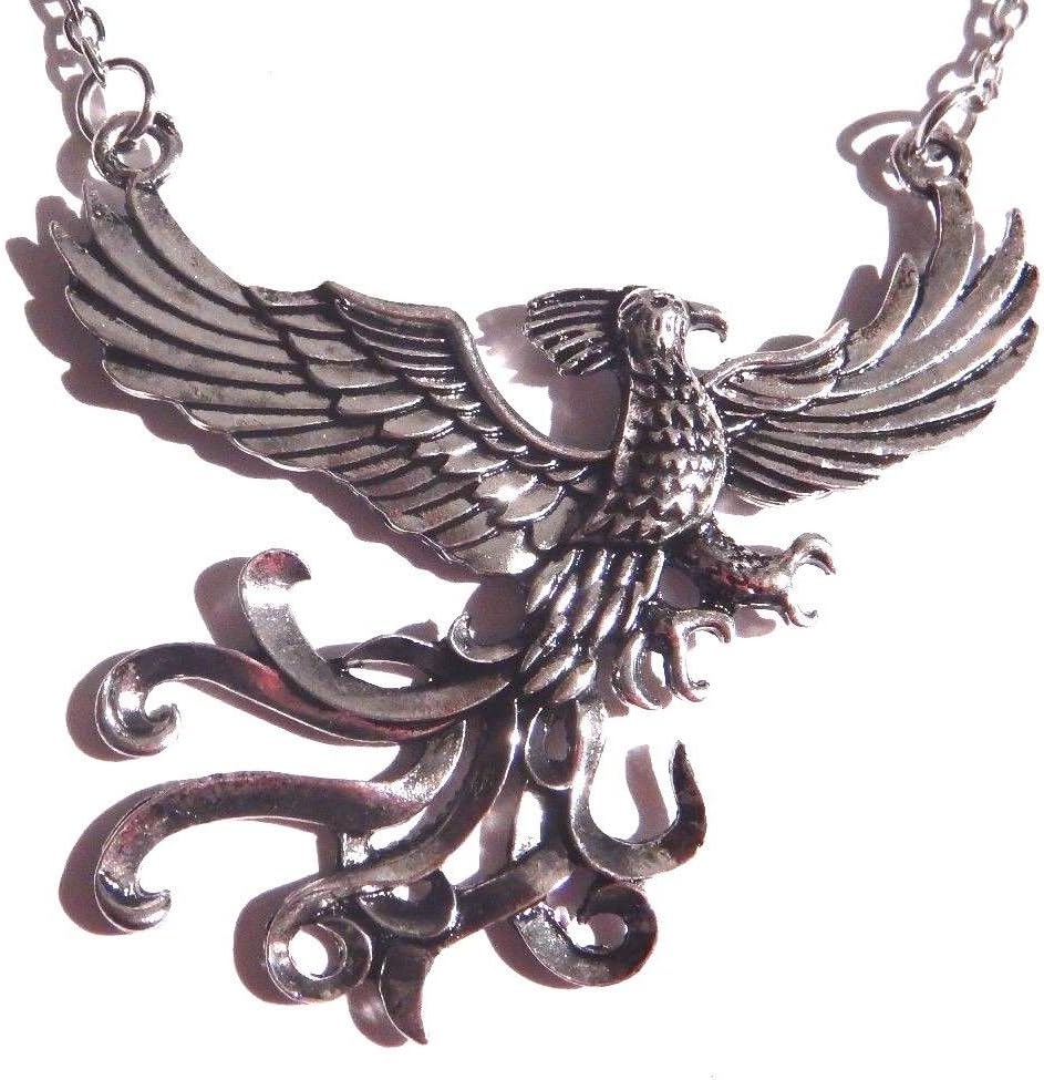 Silver Phoenix Pendant on Chain Necklace fire Bird Fantasy Creature Animal Wings Feathers