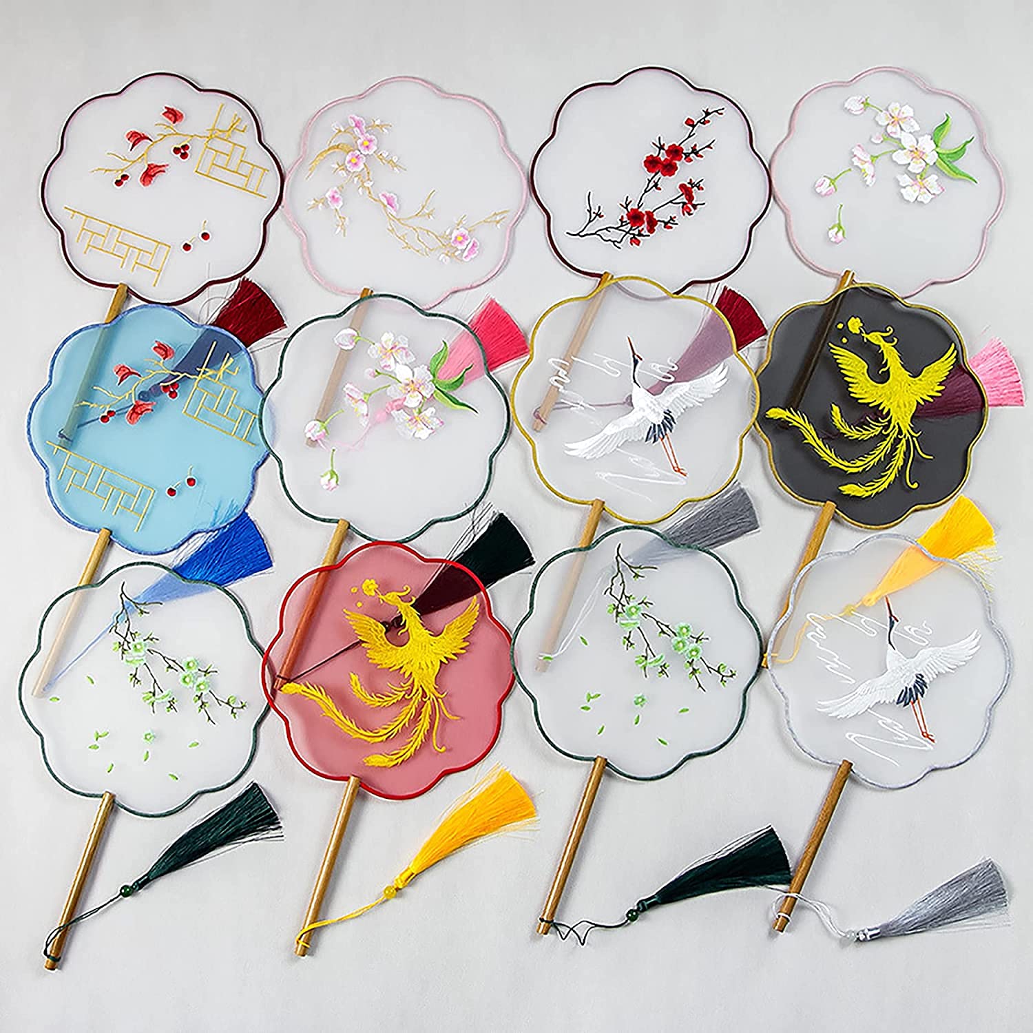 YUELAI Translucent Silk Embroidered Hand Held Fan, Chinese Round Fan, Ancient Hand Fan,Traditional Palace Paddle Dance Fan, Vintage Double-Sided Pattern Fan