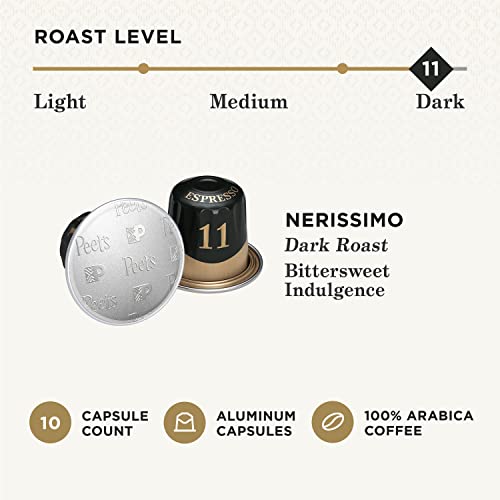 Peet's Coffee, Dark Roast Espresso Pods, Nerissimo, French Roast Style Intensity 11, 10 Count (1 Box of 10 Espresso Capsules)
