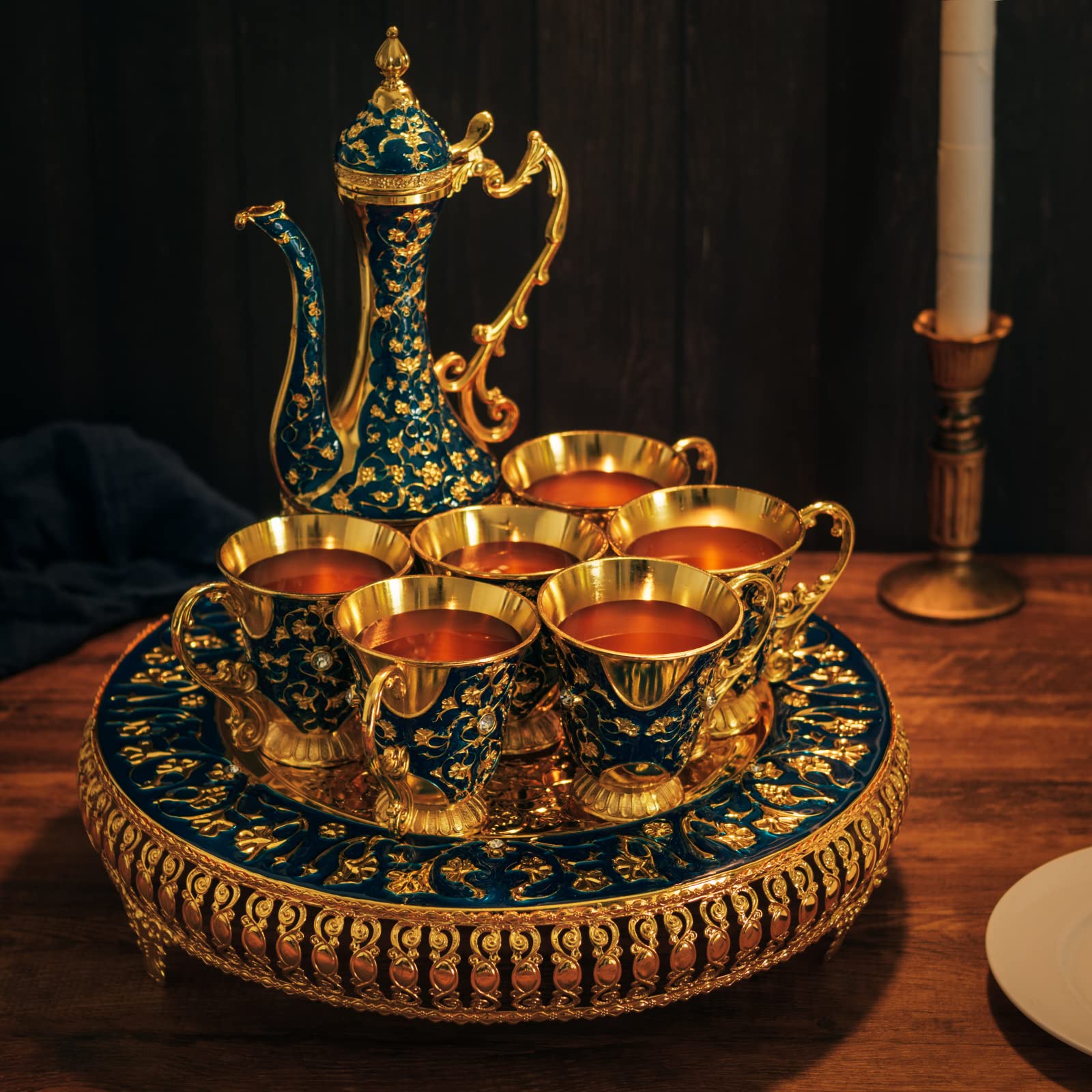 Vintage Extra Large Turkish Coffee & Tea Pot Set for 6 by Gute with Large Crystal Tray & Teapot Gold with Swarovski Style Crystals (Blue) 480ml - 6 Vintage Moroccan Tea Glasses 230ml Teacups Gold