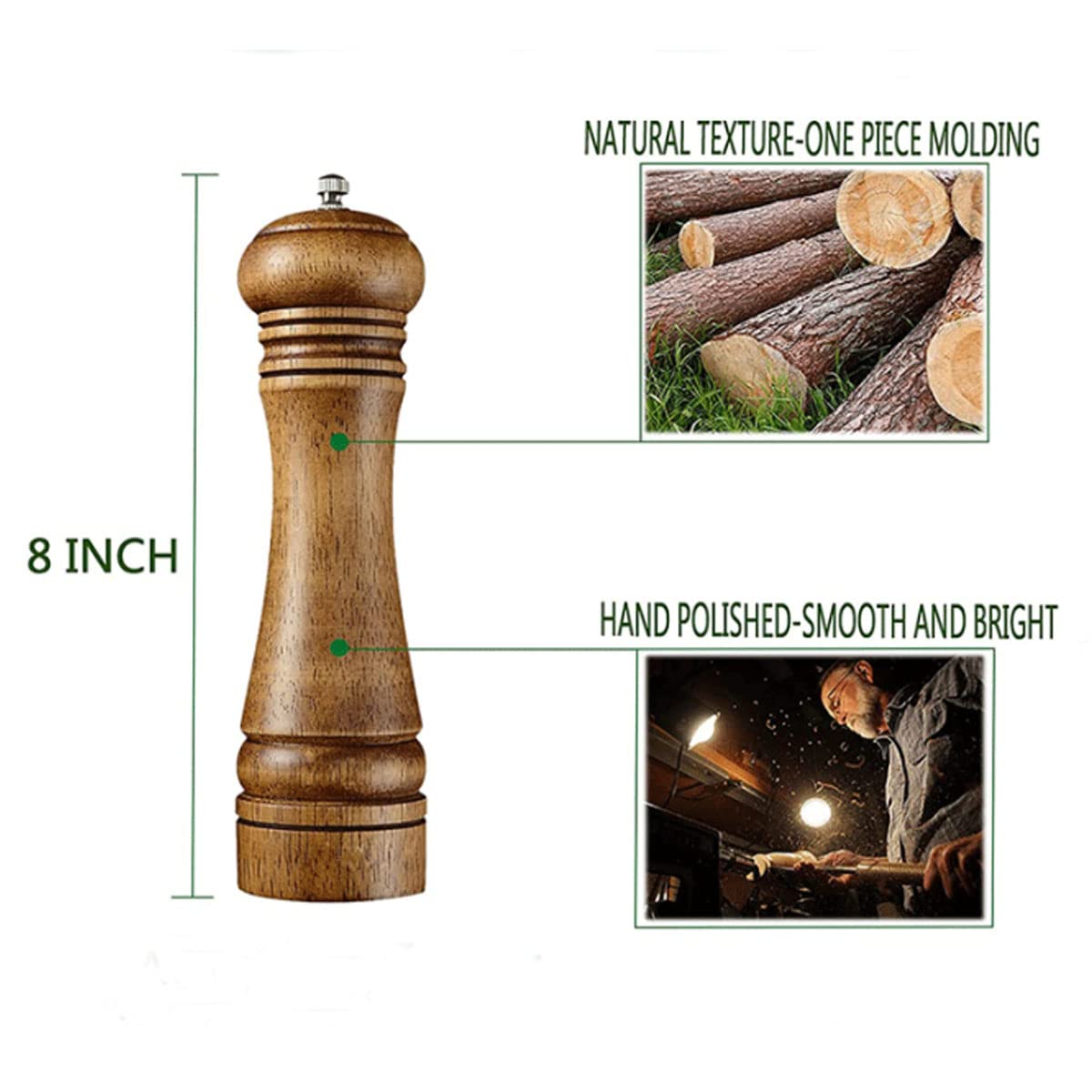 Wooden Pepper Grinder, Pepper Mill Kit Wood Manual mills Solid With Strong Adjustable Ceramic Grinders 8 "