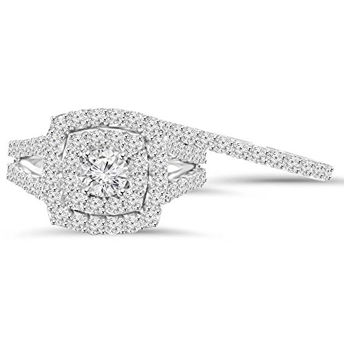 Pompeii3 10k White Gold 2 Ct T.W. Diamond Cushion Halo Engagement Ring Matching Wedding Band Bridal Women's Set Round-Cut Natural Diamonds
