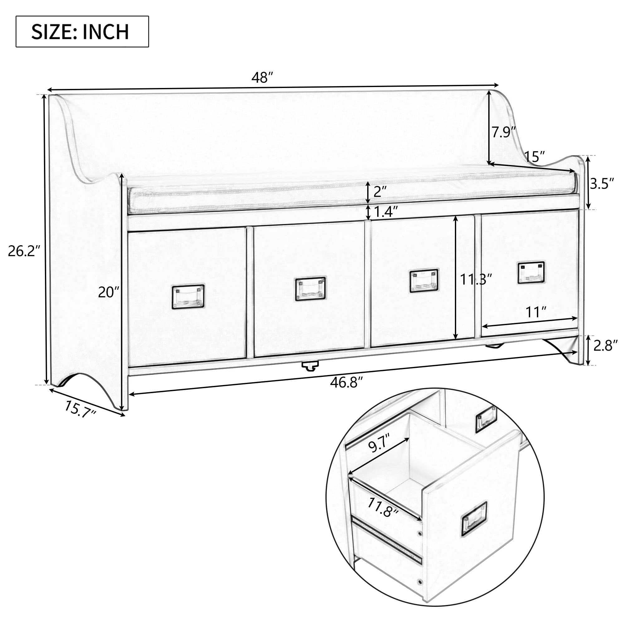 Storage Bench Wooden Entryway Benches with Drawers, Movable Cushion and Backrest Multifunctional Storage Bench for Entryway, Foyer or a Mudroom (White)