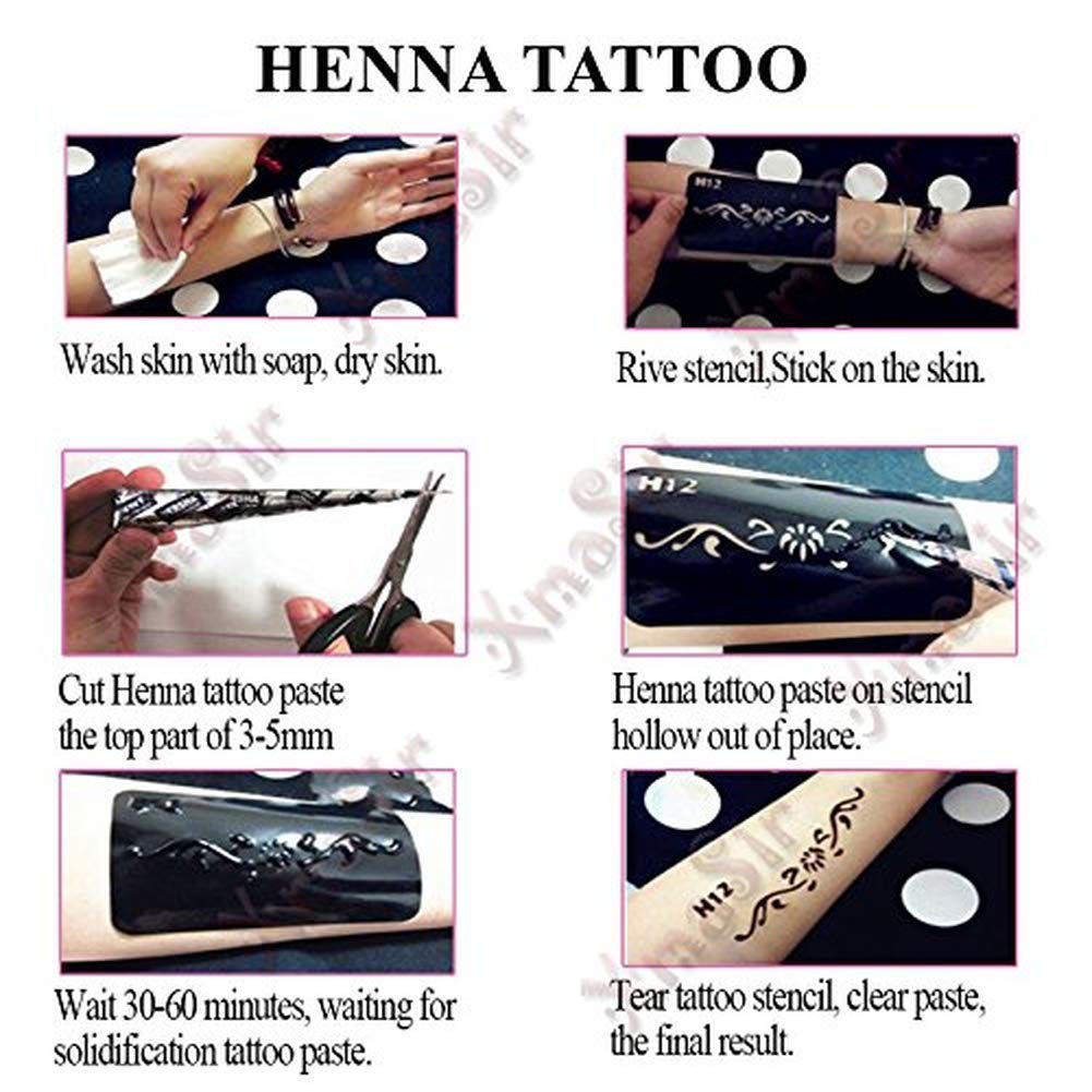 XMASIR Henna Tattoo Kit Stencils, 16 Sheets Temporary Reusable Tattoo Sets Indian Arabian Temporary Tattoo Templates Kit for Body Art Paint