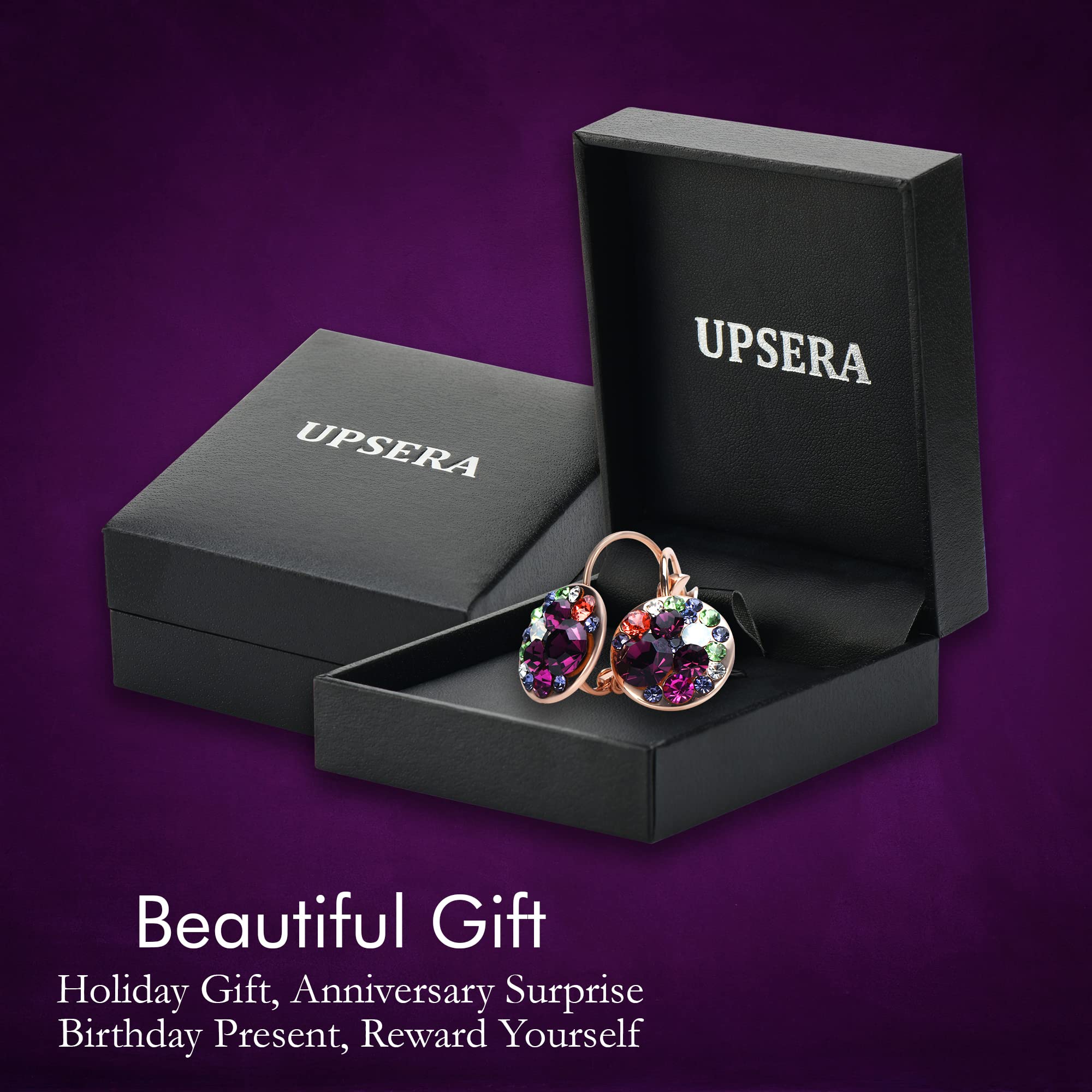UPSERA Leverback Earrings for Women β Elegant Austrian Crystal Earrings β Colorful Dangle Hoop Earrings with Rose Gold Plated Base β Premium Materials β Beautiful Craftsmanship, Purple Crystal