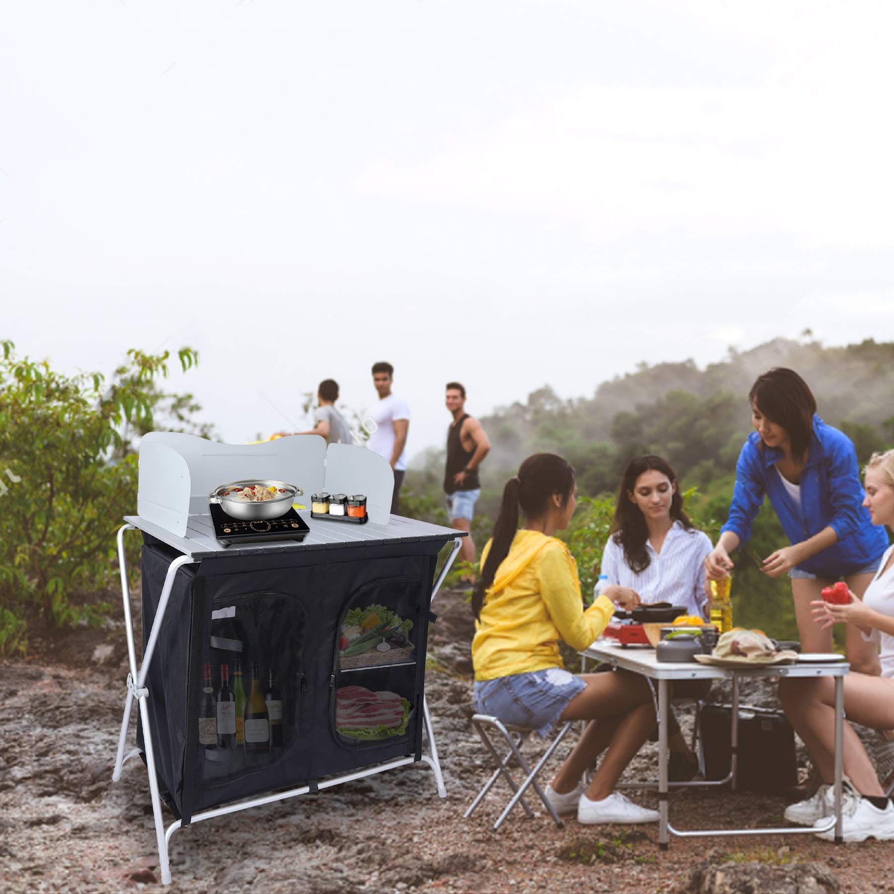 REDCAMP Aluminum Camping Table with Roll Up Table Top and Storage, Portable Folding Outdoor Grill Table for Picnic BBQ Cooking, Silver