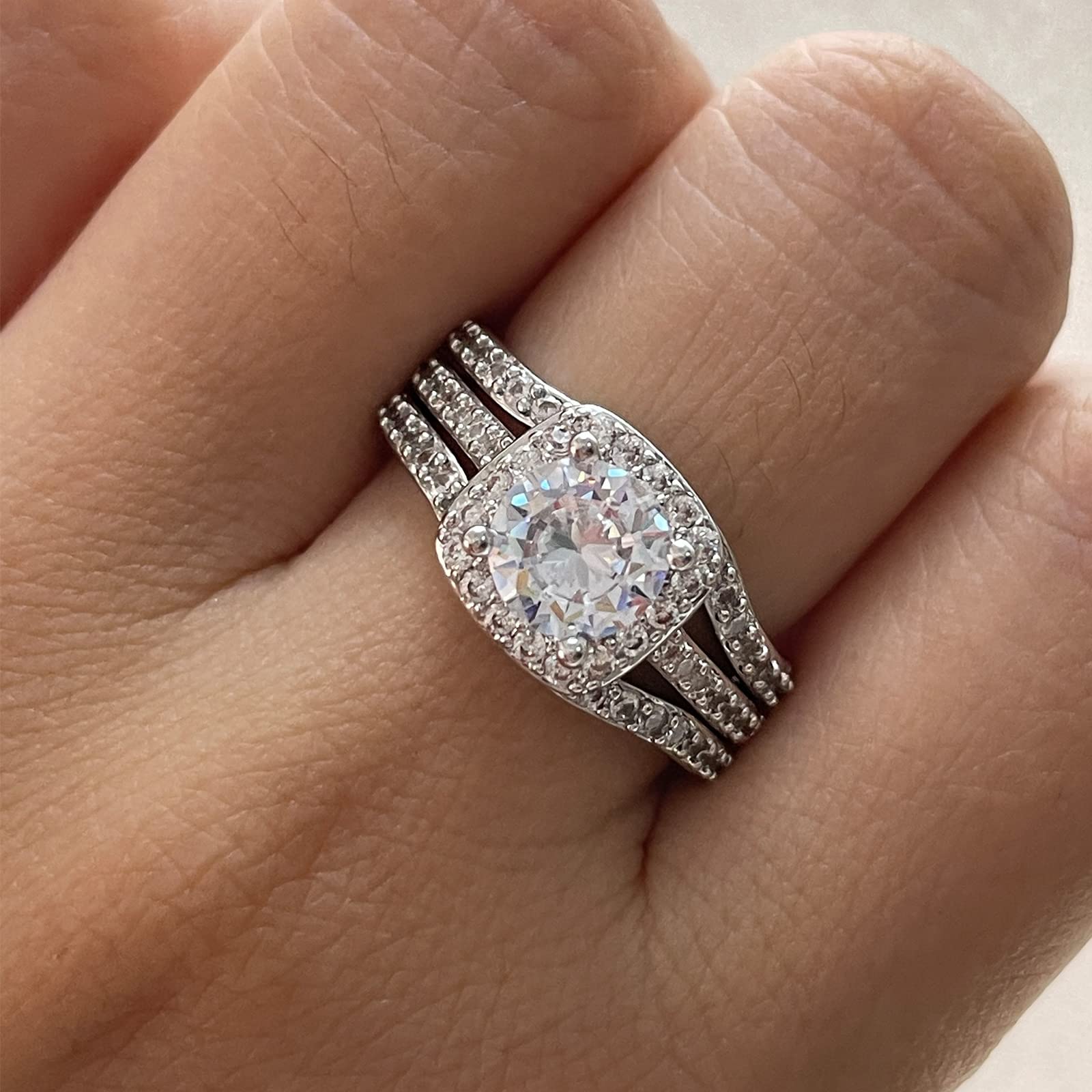 YOYEEWYNS 18K White Gold Three-in-One Halo Wedding Bridal Ring Set for Women Cubic Zirconia Engagement Eternity Rings Size 7
