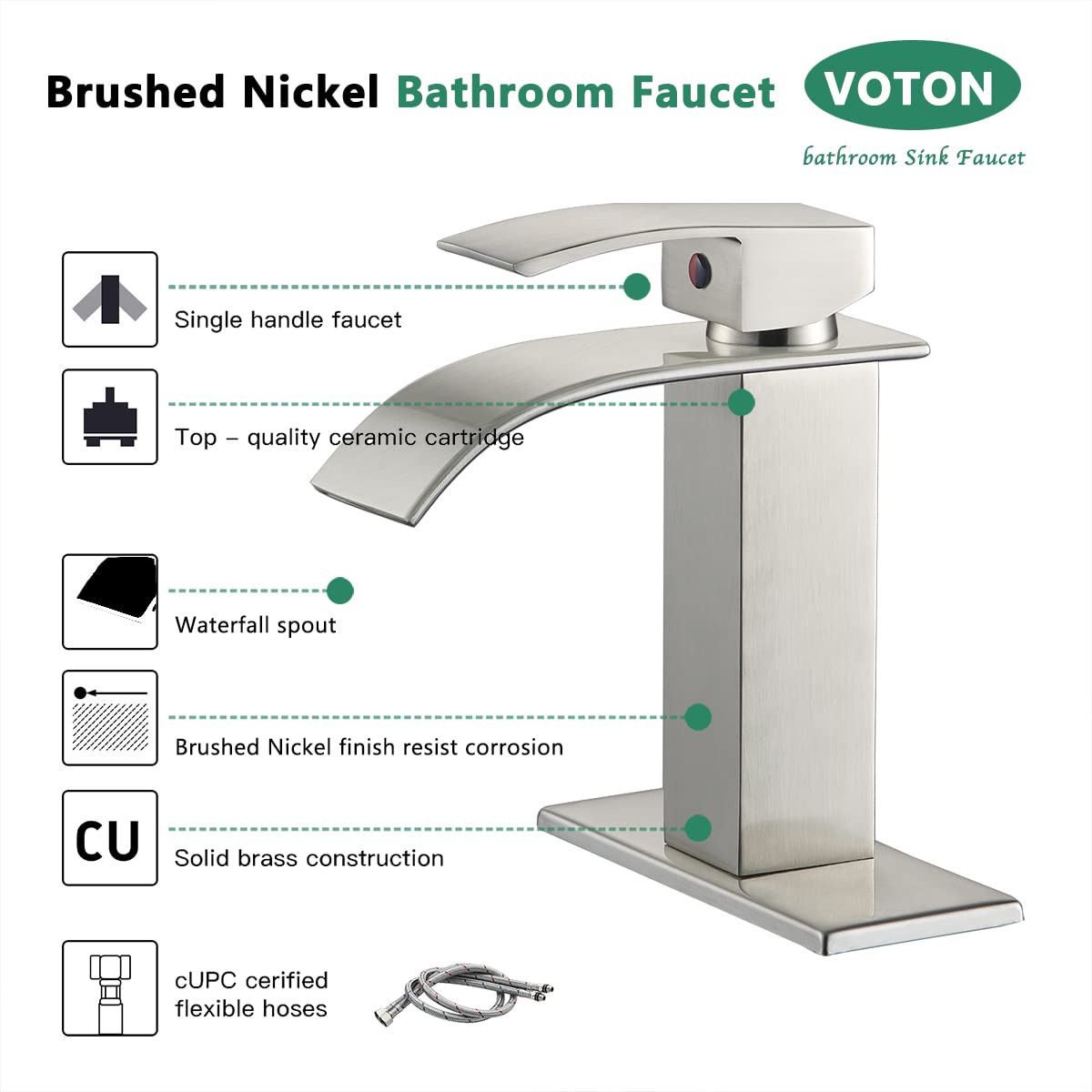 VOTON Waterfall Spout Single Handle Bathroom Faucet Brushed Nickel Commercial Modern Lavatory Tap with Pop-up Drain