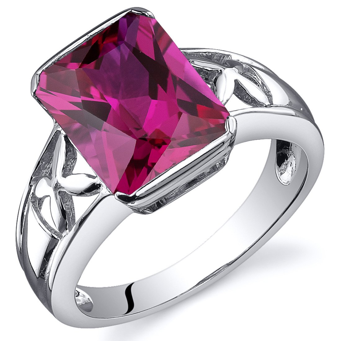 PEORA Created Ruby Galleria Ring for Women in Sterling Silver, 4.25 Carats Radiant Cut, 10x8mm, Comfort Fit, Size 7