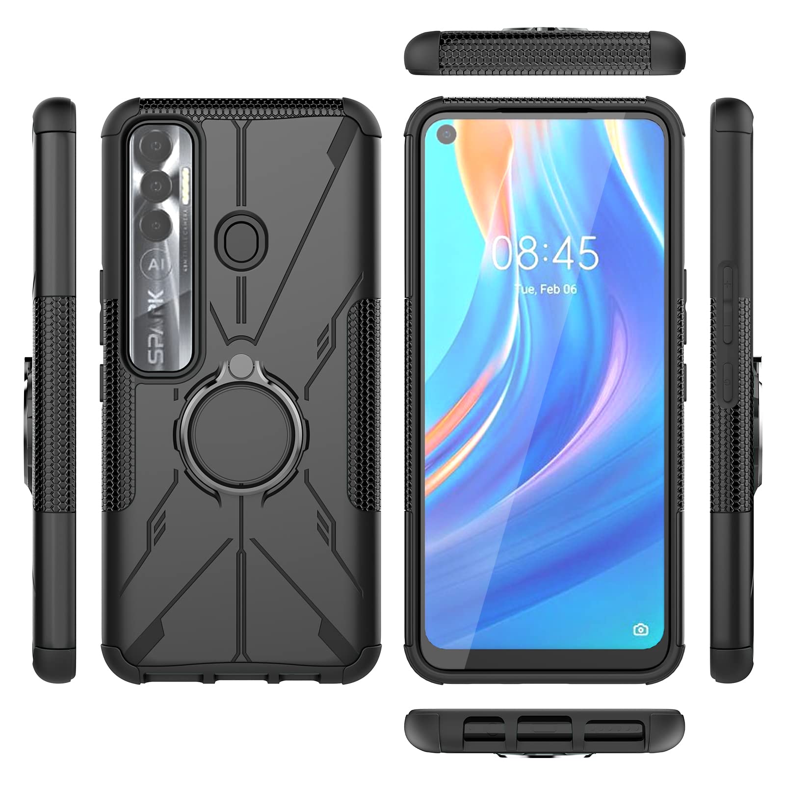YukeTop Cover for Tecno Spark 7 Pro Case, All-Inclusive Protection, Sturdy, Drop-Resistant, Rear Ring Holder, Cover Protection for Tecno Spark 7 Pro.(Black)