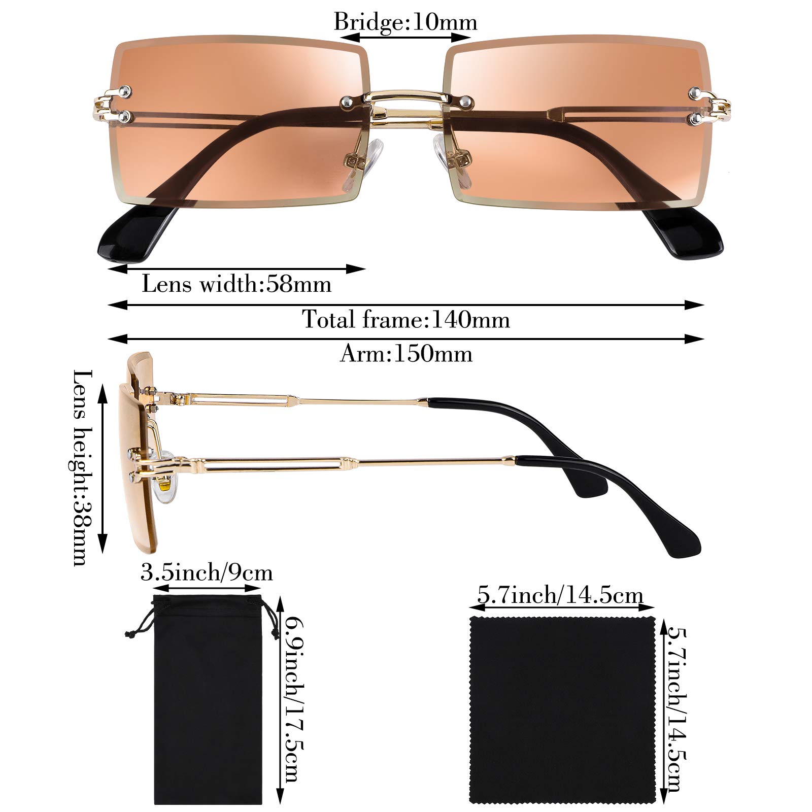 URATOT 4 Pack Rimless Rectangle Sunglasses Transparent Retro Sunglasses Vintage Rimless Eyewear Metal Frame Eyewear for Women Men