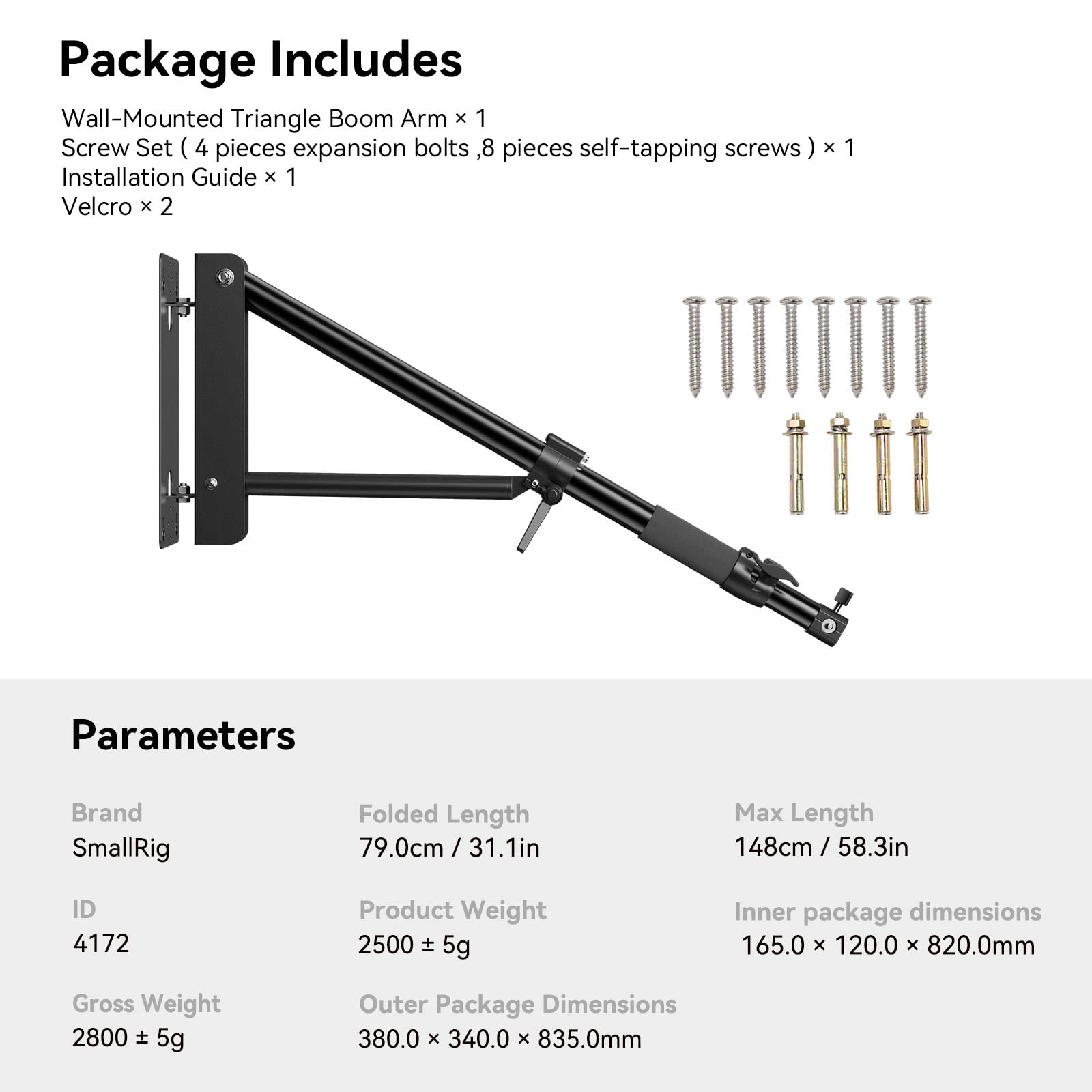 SmallRig 148CM Wall Mount Light Stand Boom Arm with Triangle Base, 180° Adjustable Ring Light Wall Mount for Photography Studio, COB Light, Softbox, RA-W150-4172