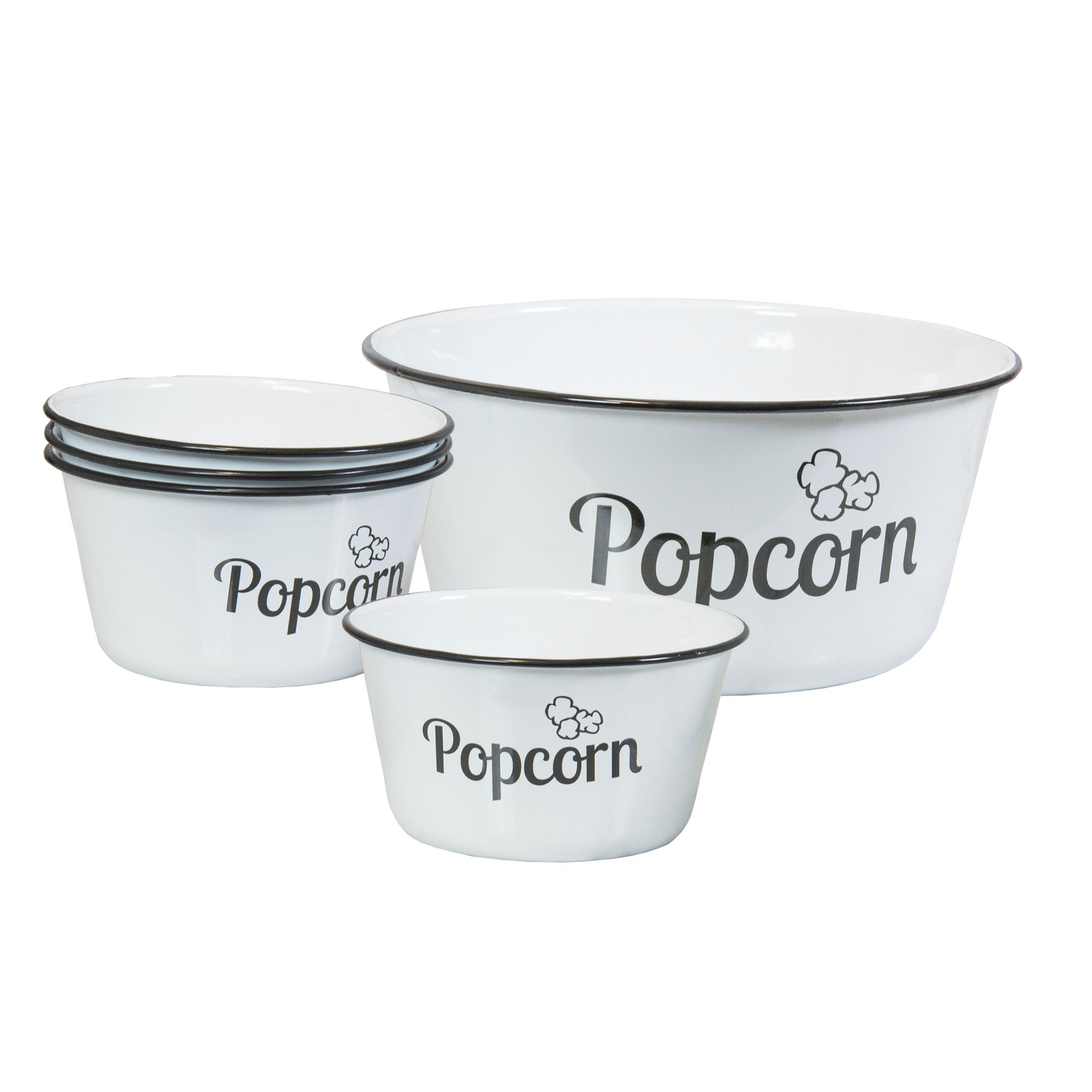 Vintage Inspired White Enamel Popcorn Bowl Set of Five, Snack Serving Bowl Set