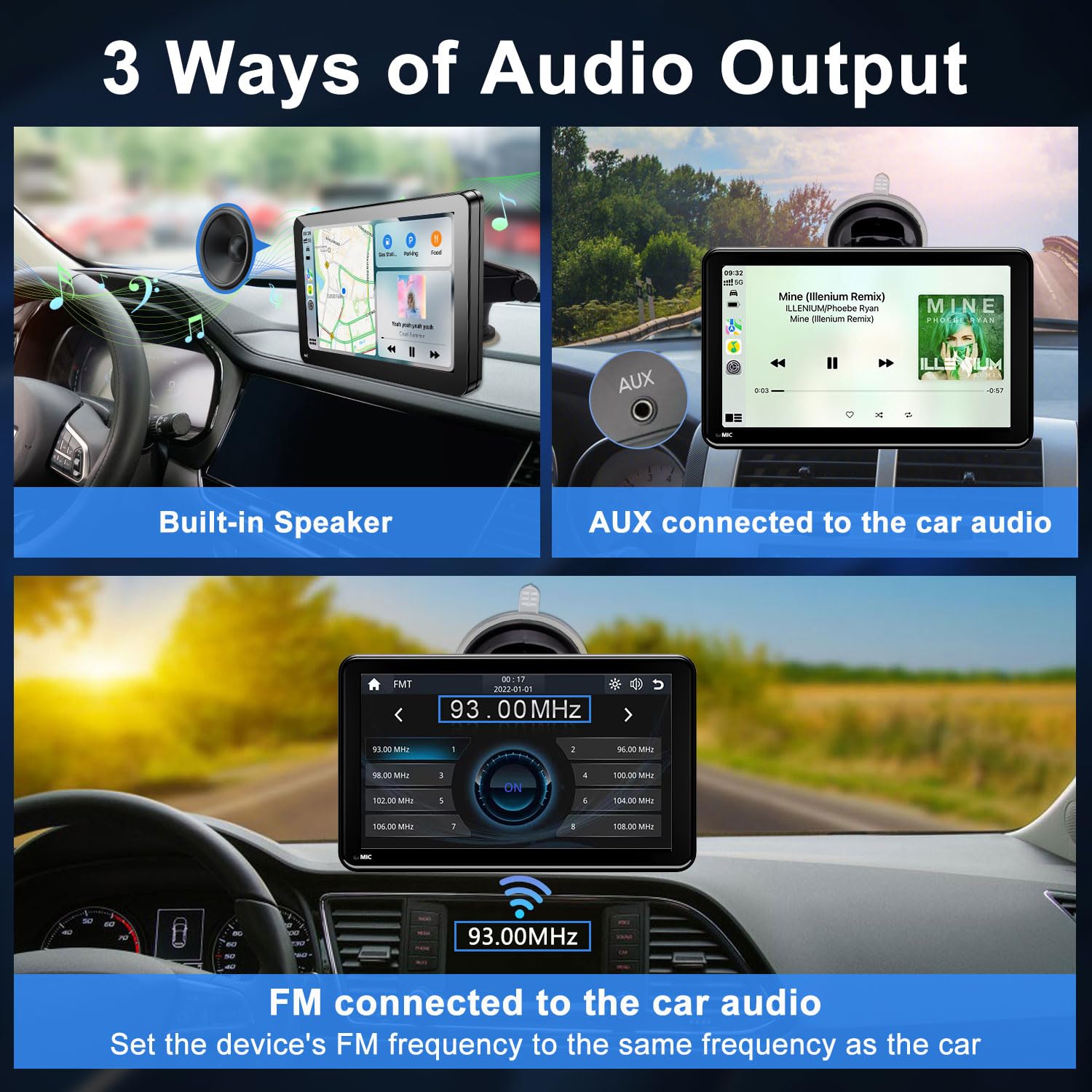 Portable Car Stereo for Apple Carplay, Android Auto, Air Play, Mirror Link, Wireless Car Play Screen with Bluetooth Handsfree, 7 Inch IPS Touchscreen, GPS Car Navigation, Siri/Google, FM/AUX/USB/TF