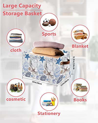 Storage Bins, Nautical Theme Marine Sail Boat Beach Starfish Shell Seashell Storage Baskets for Organizing Closet Shelves Clothes Decorative Fabric Baskets Large Storage Cubes with Handles