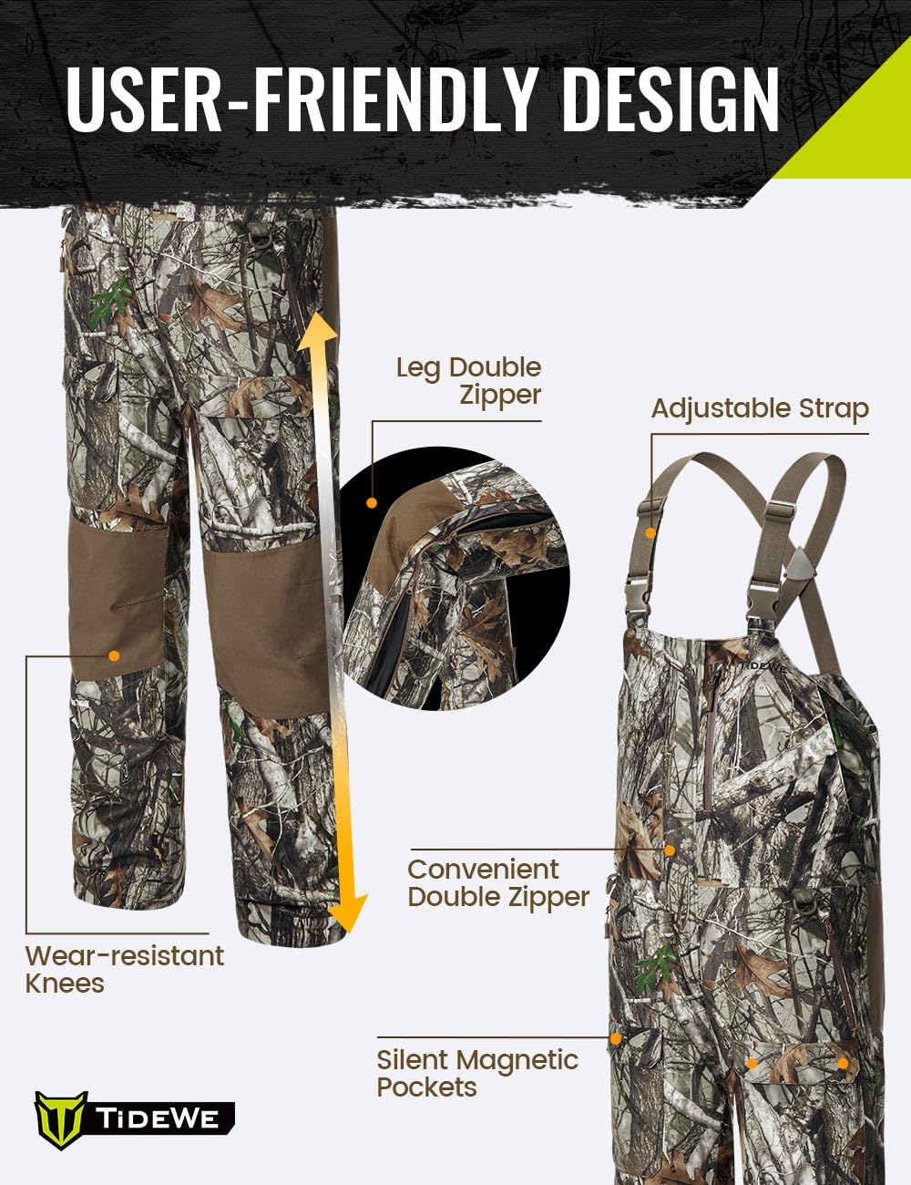 TIDEWE Hunting Bibs Heated with Battery, Insulated Fishing Bibs (Camo Size 2XL)
