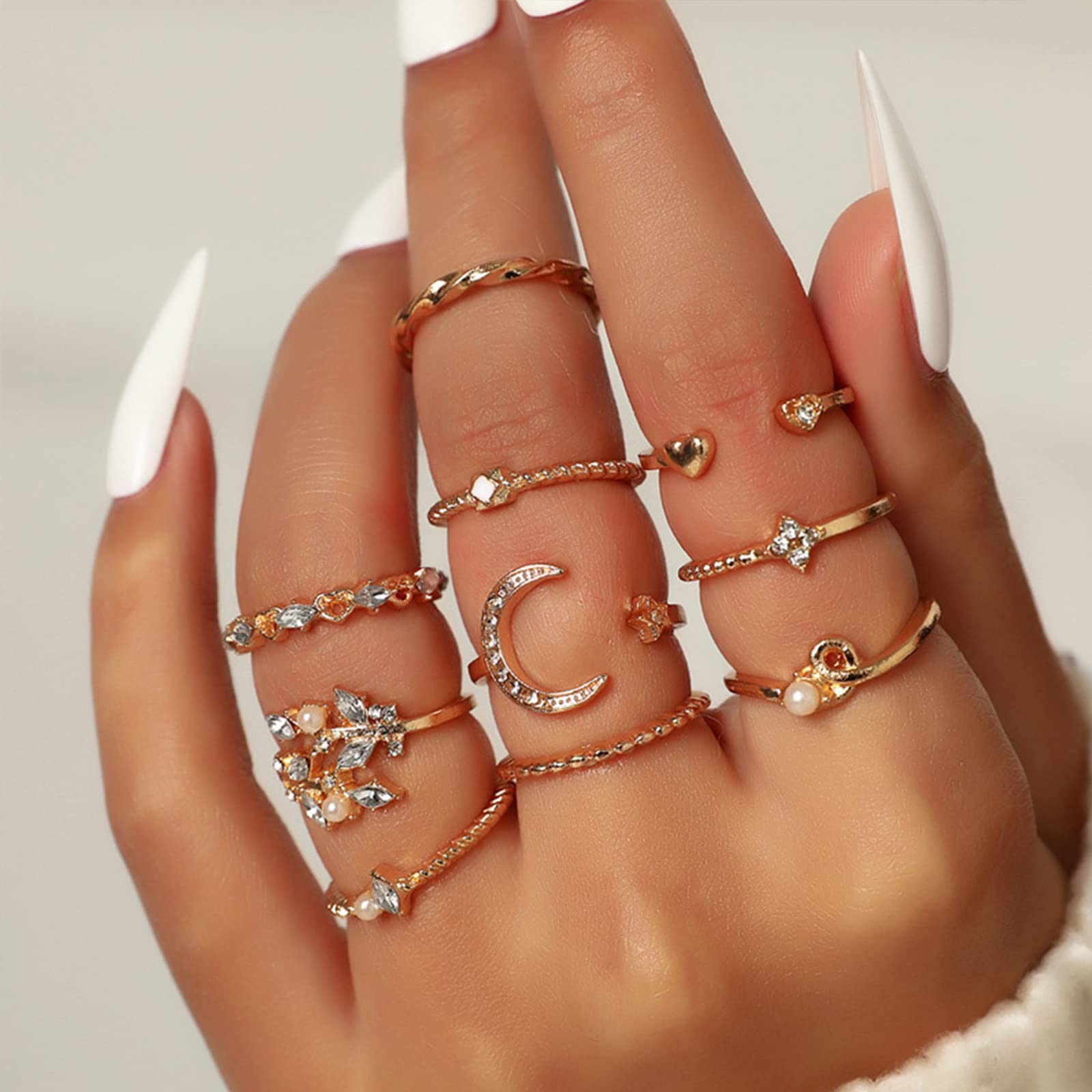 YRlilicc 10Pcs Bohemian Knuckle Stacking Rings for Women Multiple Stackable Rhinestone Pearl Flowers Joint Finger Rings Dainty Stack Gold Midi Rings Set