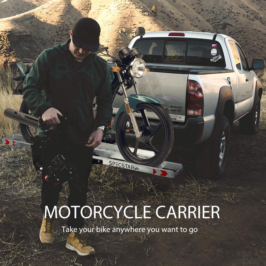 SPECSTAR Heavy Duty Aluminum Motorcycle Carrier, 450 Lbs Capacity Hitch Mounted Scooter Dirt Bike Rack with Loading Ramp and Locking Device