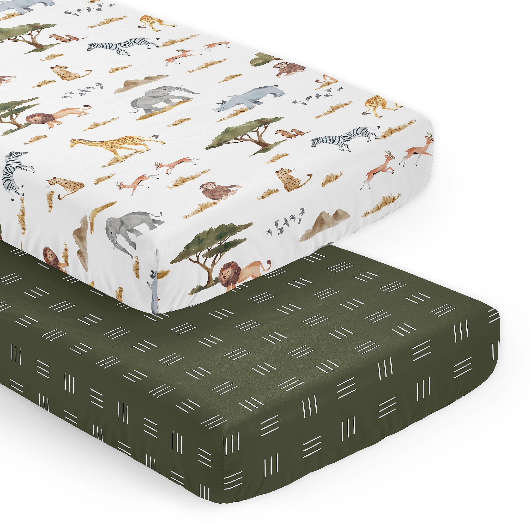 Sweet Jojo Designs Jungle Animals Boy Girl Gender Neutral Unisex Baby Fitted Crib Sheet Set Infant Newborn Nursery Toddler Bed Room Standard Mattress 2p Green Boho Wildlife Safari Animal Elephant