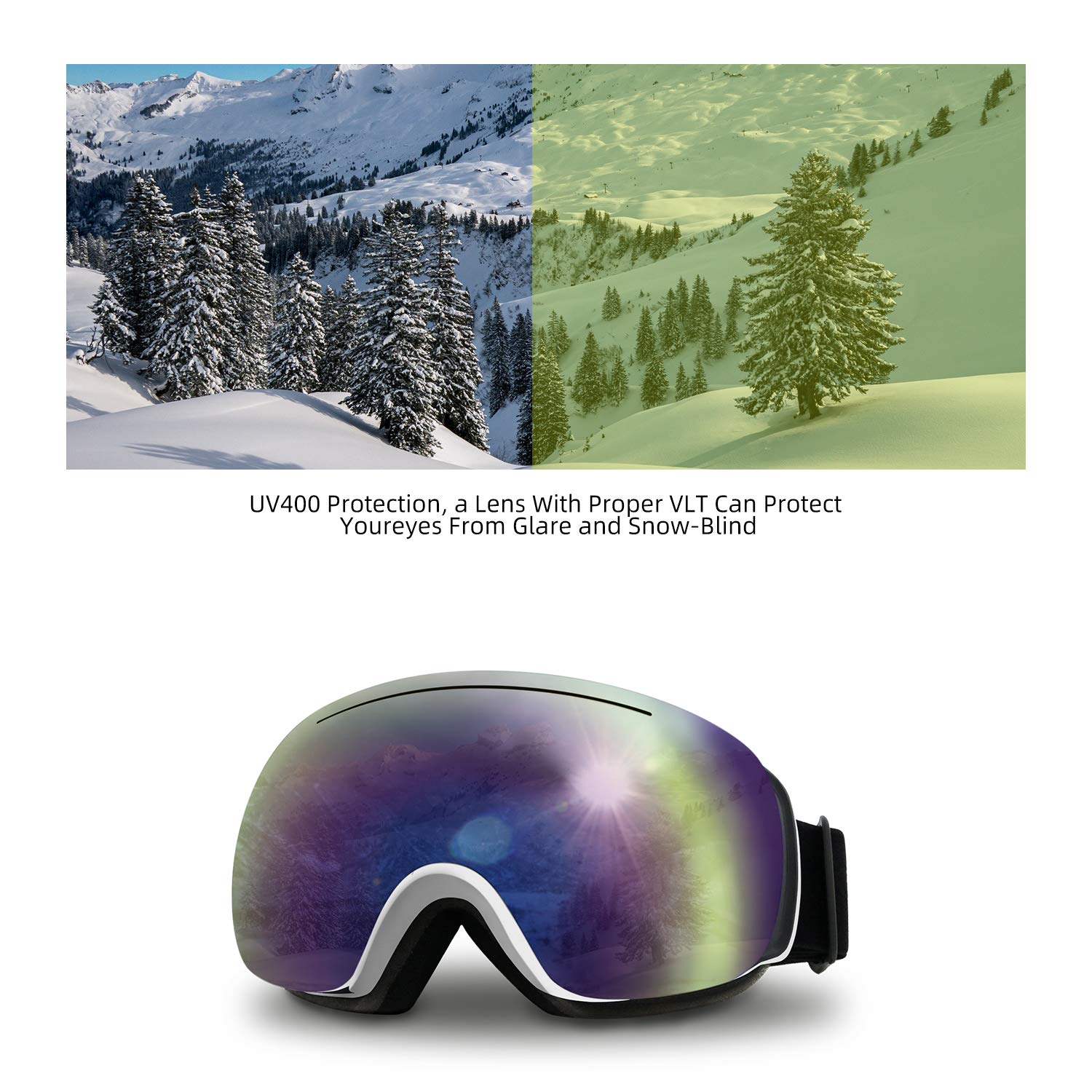 Ski Goggles Men & Women Single-Board Goggles OTG Design, Frameless Spherical Lens is Scratch-Resistant, Fog-Proof UV-Proof (Blue)