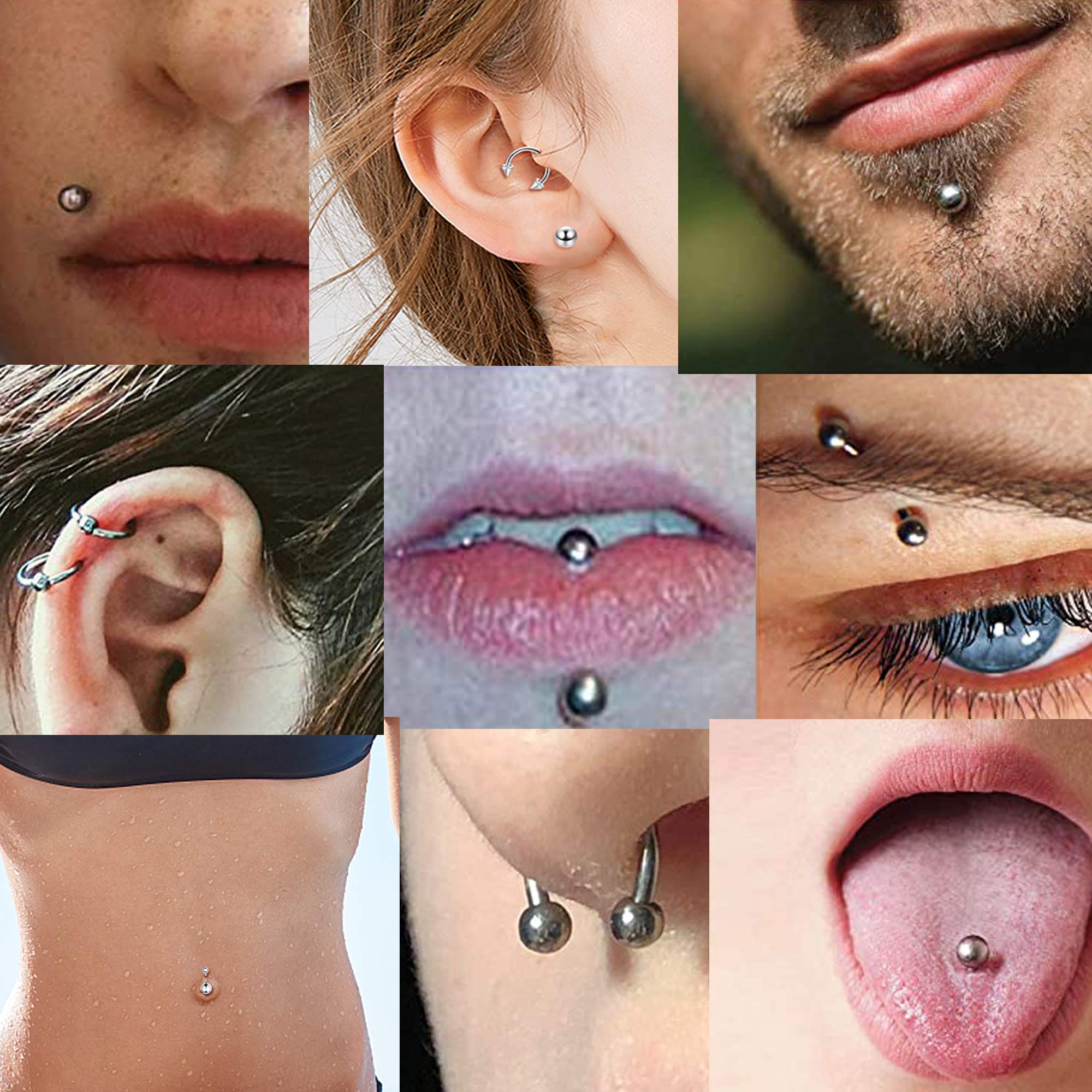 UBGICIG 123PCS Professional Piercing Kit 14G 16G 20G Stainless Steel Nose Ring Hoop Septum Eyebrow Lip Belly Button Ring Ear Studs Cartilage Tragus Helix Earrings Professional Body Piercing Tool
