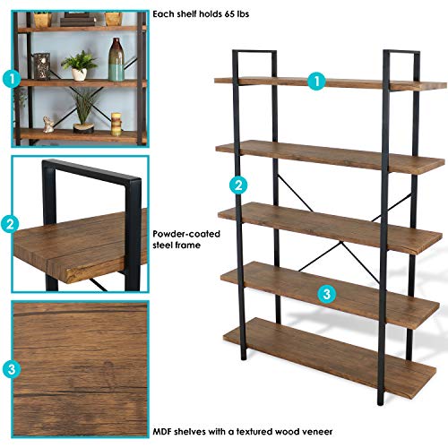 Sunnydaze 5-Tier Industrial Style Bookshelf with Open Shelves and Veneer Finish - North American Teak
