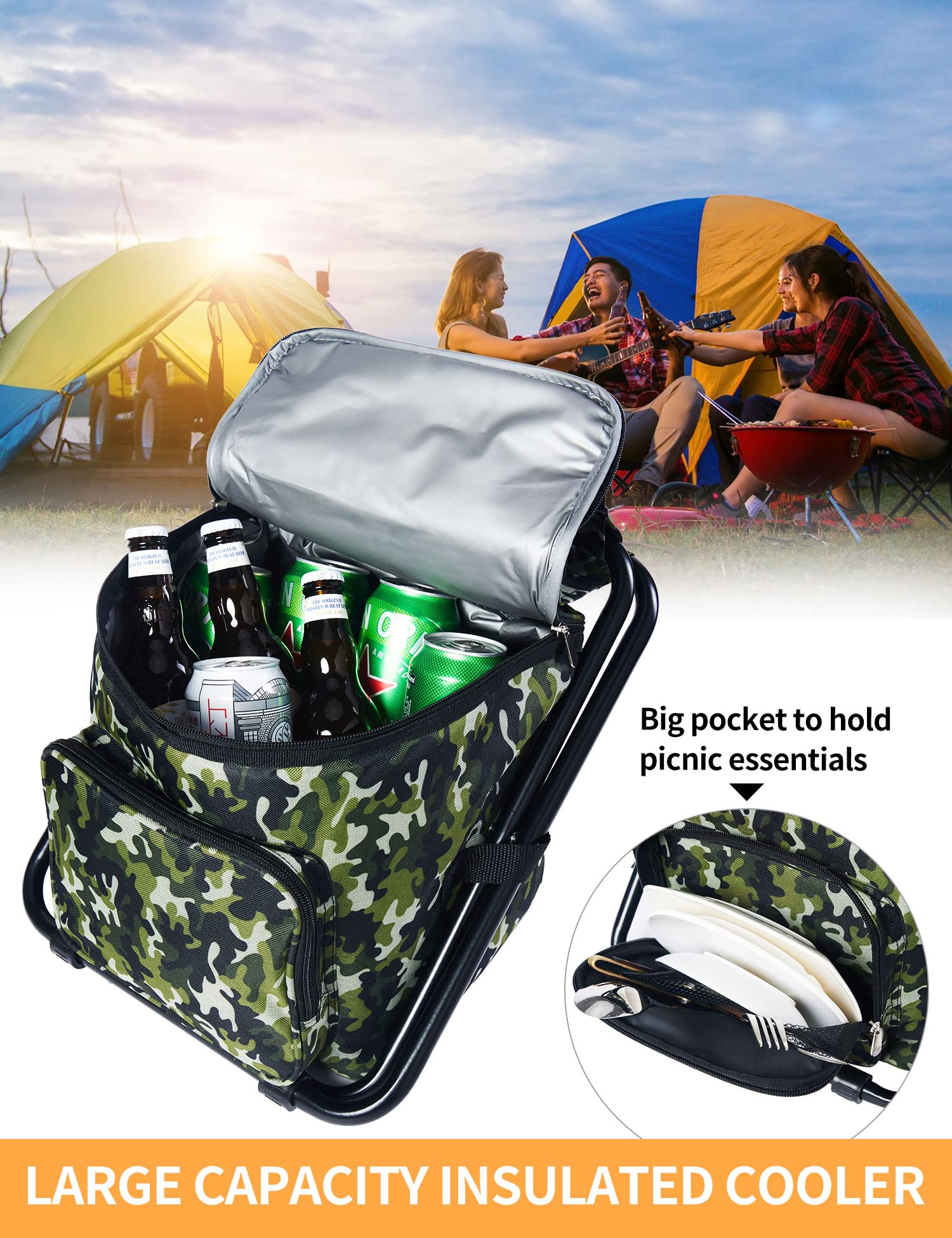 URBEST Fishing Chair Folding Portable Multi Functional Stool with Large Soft Sided Cooler Bag Camping Lawn Beach Camouflage