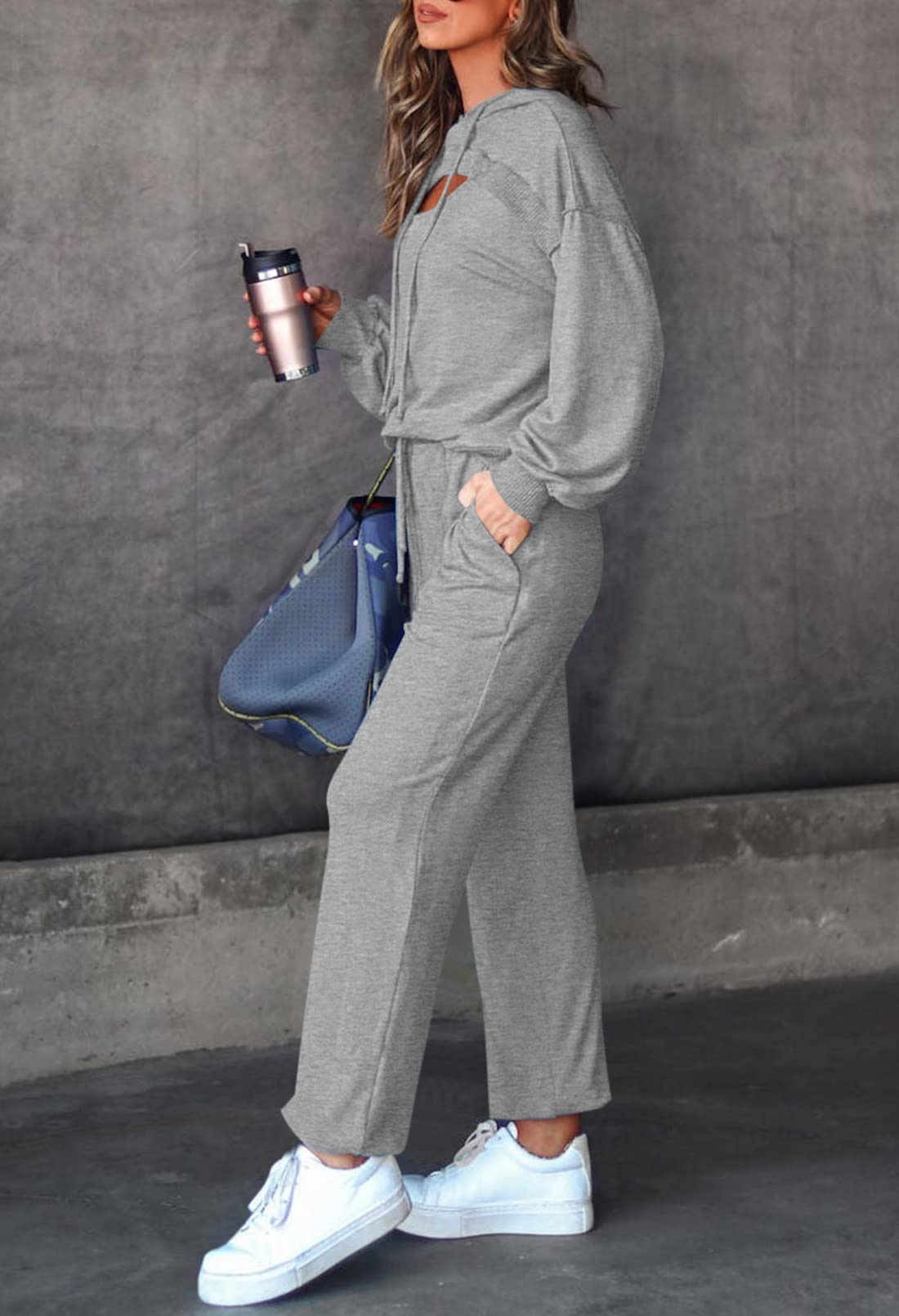Pink Queen Women's Two Piece Lounge Set Sweatsuits Casual Fall Cutout Pullover Hoodies Tracksuit Ladies Running Active Drawstring Pants With Pockets Light Grey L