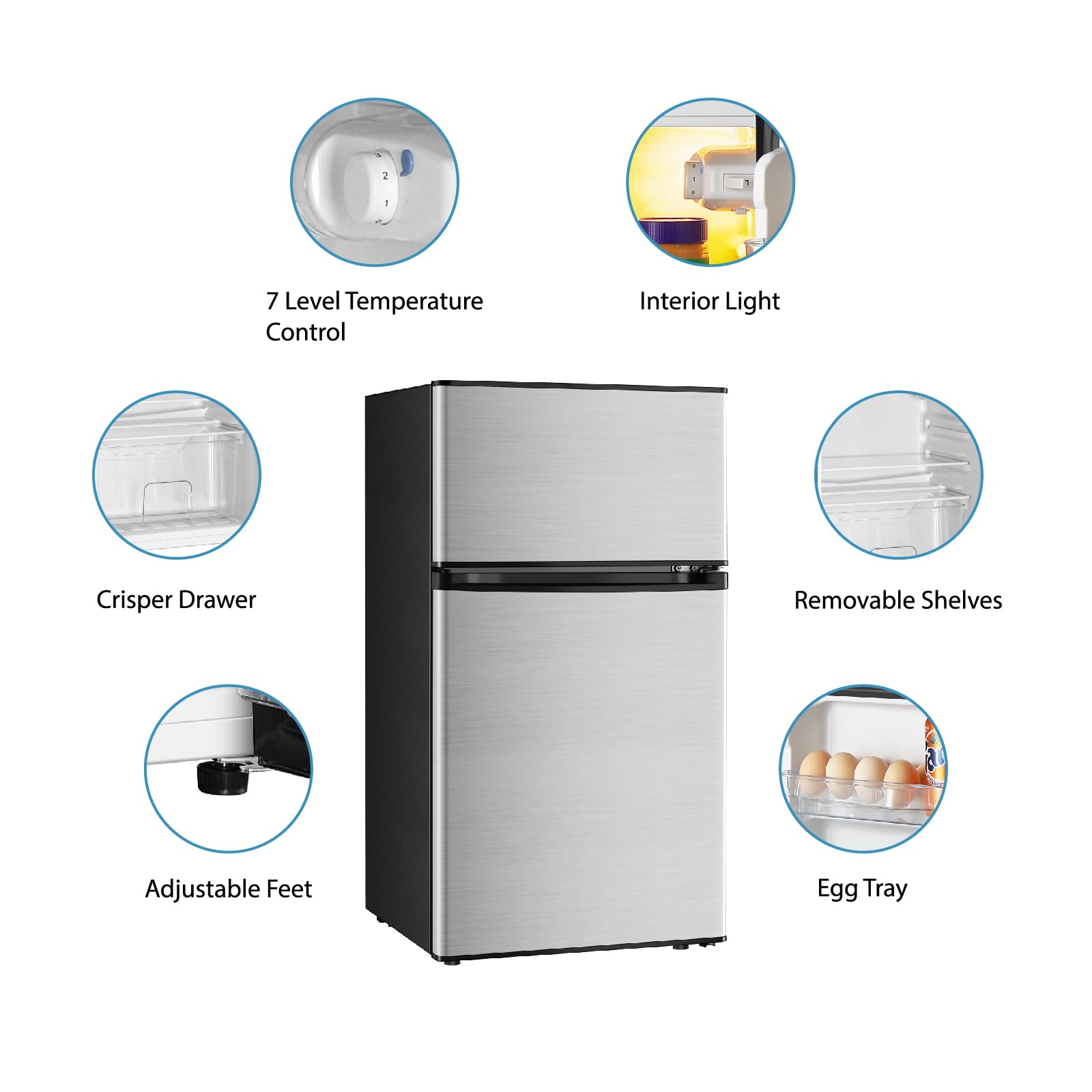 Saeoola Mini Fridge with Freezer, 3.2 Cu.Ft, 2 Doors Compact Refrigerator with Freezer, Mini Refrigerator with Freezer for Dorm, Bedroom, Apartment, Kitchen, Office (Sliver2)