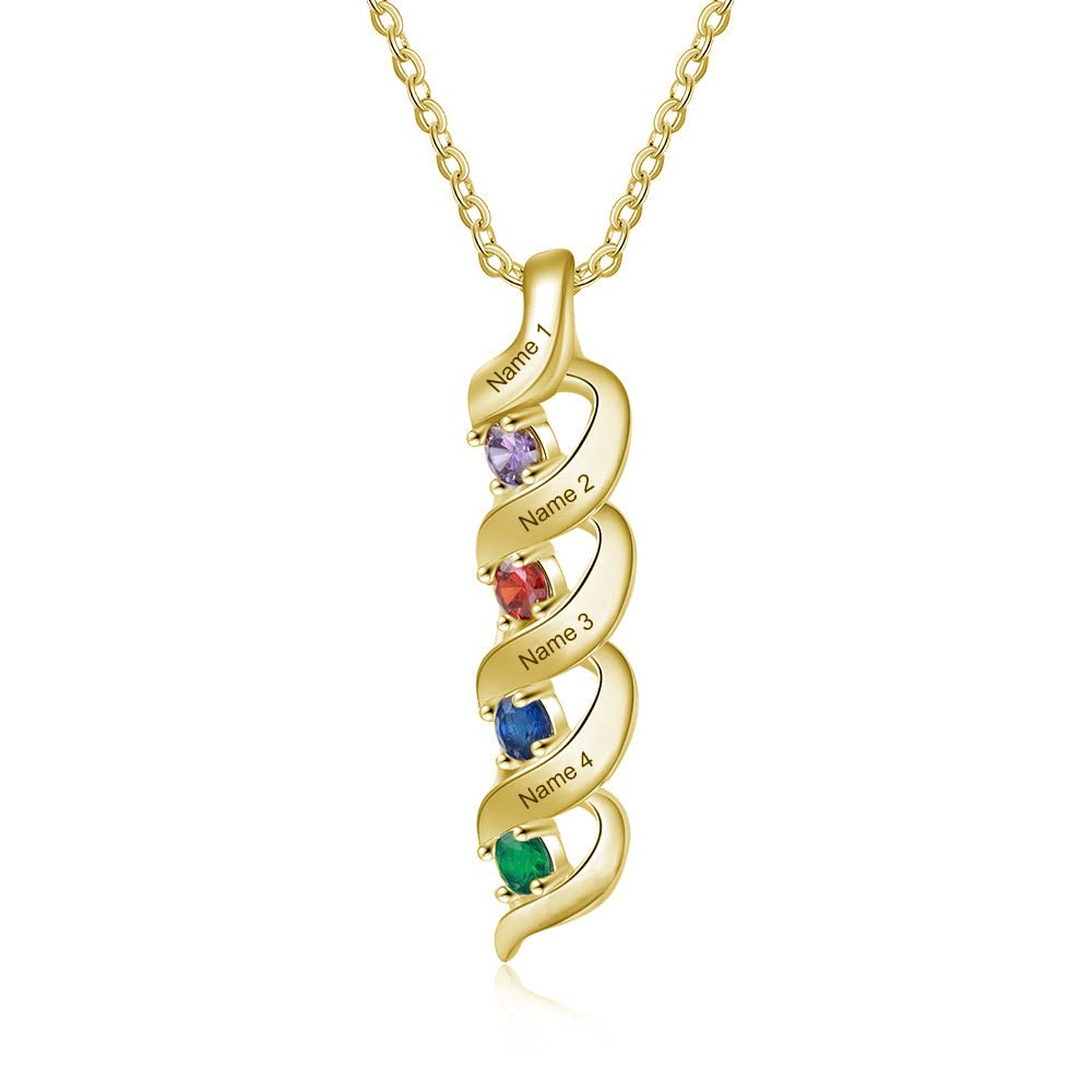 Yafeeso 10K/14K/18K Solid Gold Personalized Mothers Name Necklace with 4 Simulated Birthstones Custom Name Pendant Necklace Personalized Birthstone Gifts for Mom