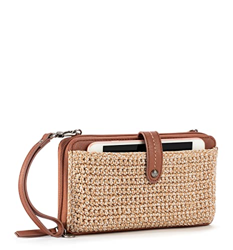 The Sak Iris Large Smartphone Crossbody Bag in Crochet and Faux Leather, Convertible Wristlet Purse Design, Bamboo Static