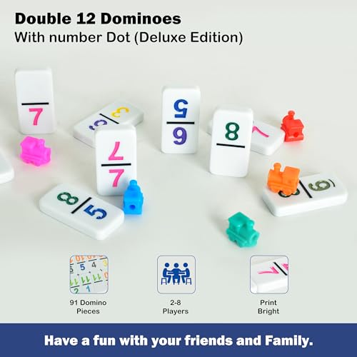 Smilejoy Double 12 Colorful Number Dot Dominoes, Mexican Train Domino Game Double Twelve Domino Set with Aluminum Case, 91 Tiles,(2-9 Players)