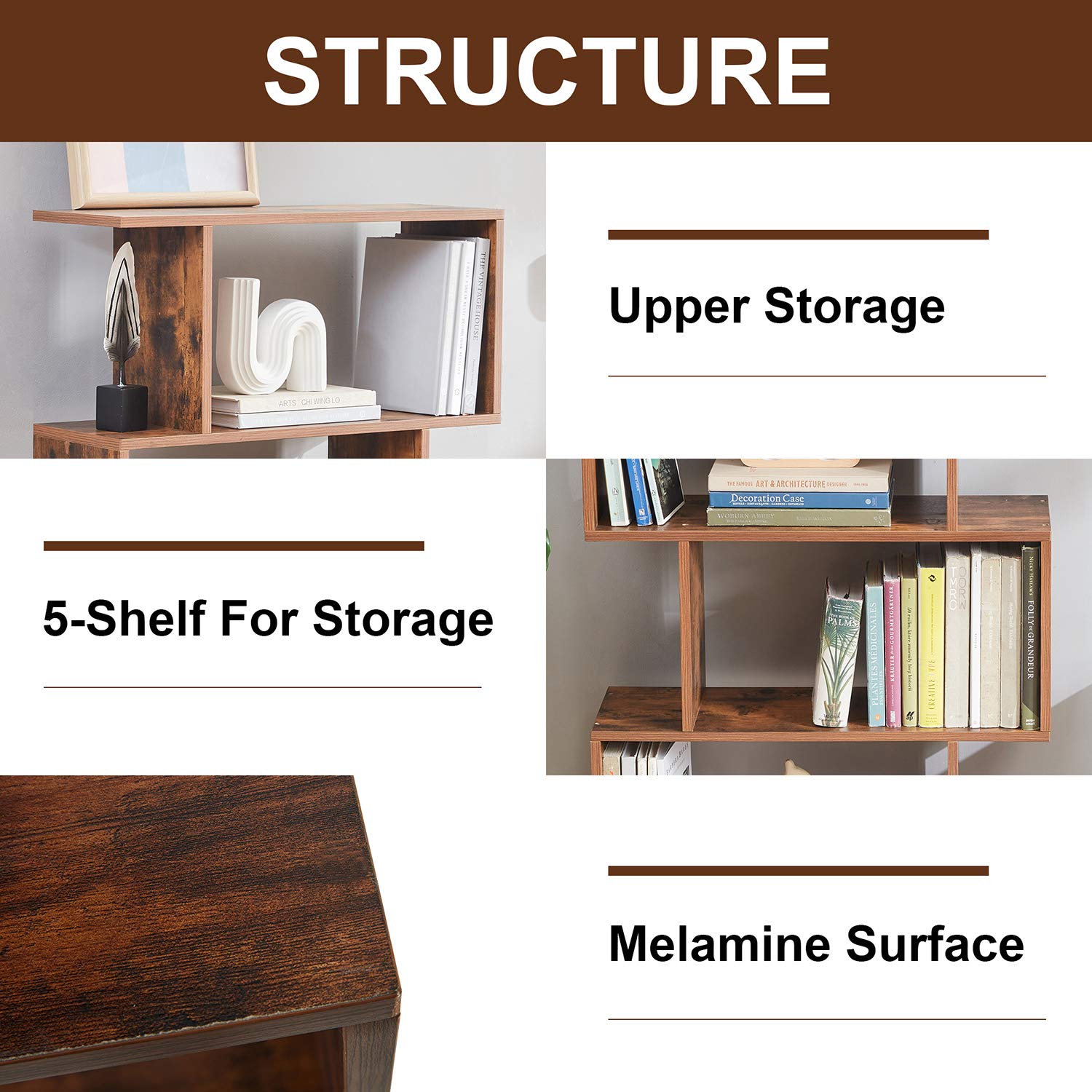 Sunon 5-Tier Bookshelf Free Standing Wood Bookcase, S-Shaped 5 Shelves Book Case for Home Office (Rustic Brown)