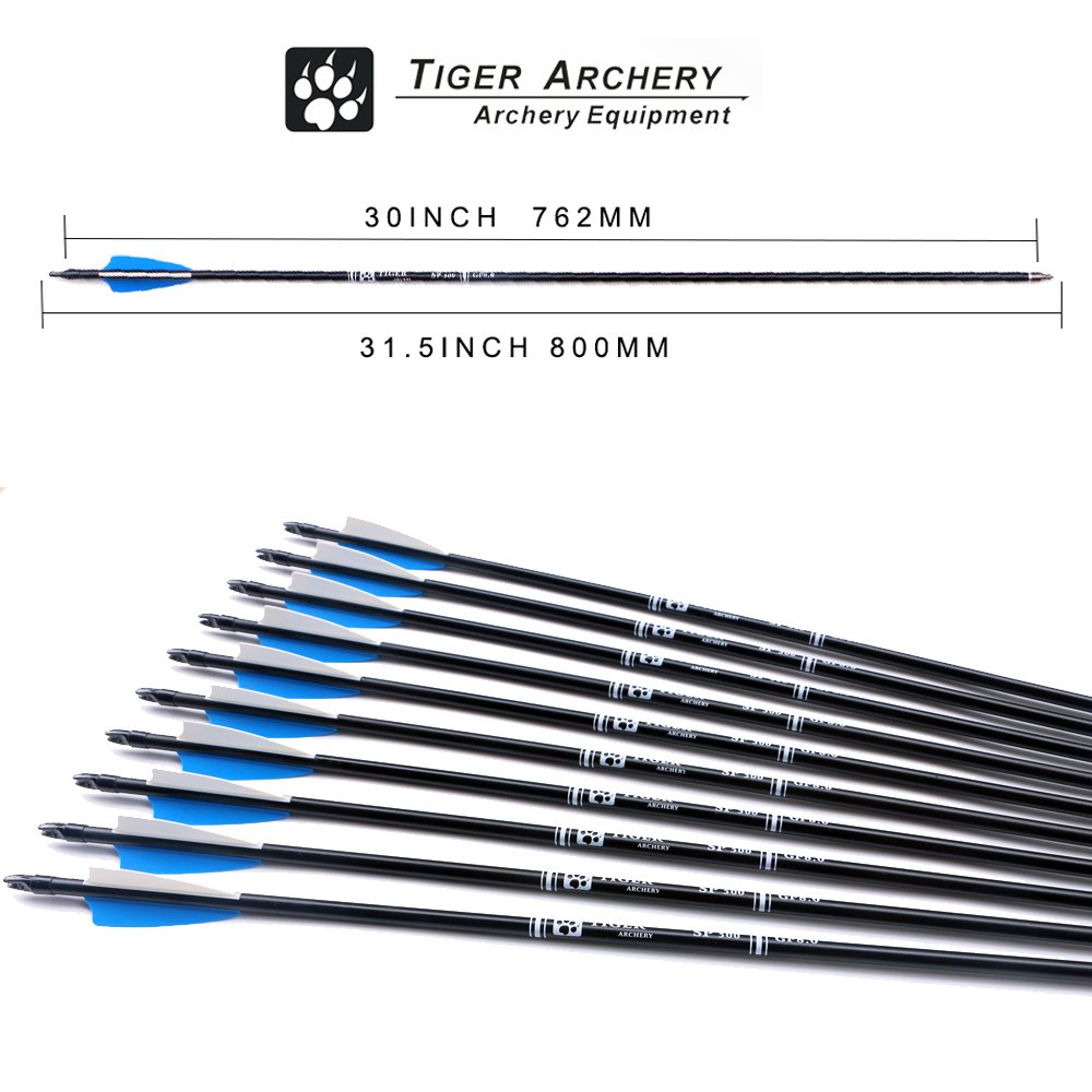 Tiger Archery 30inch Fiberglass Arrow with Replaceable Arrowhead Spine 500 for Recurve and Compound Bow Hunting and Practice Hunting (Black White, 30)