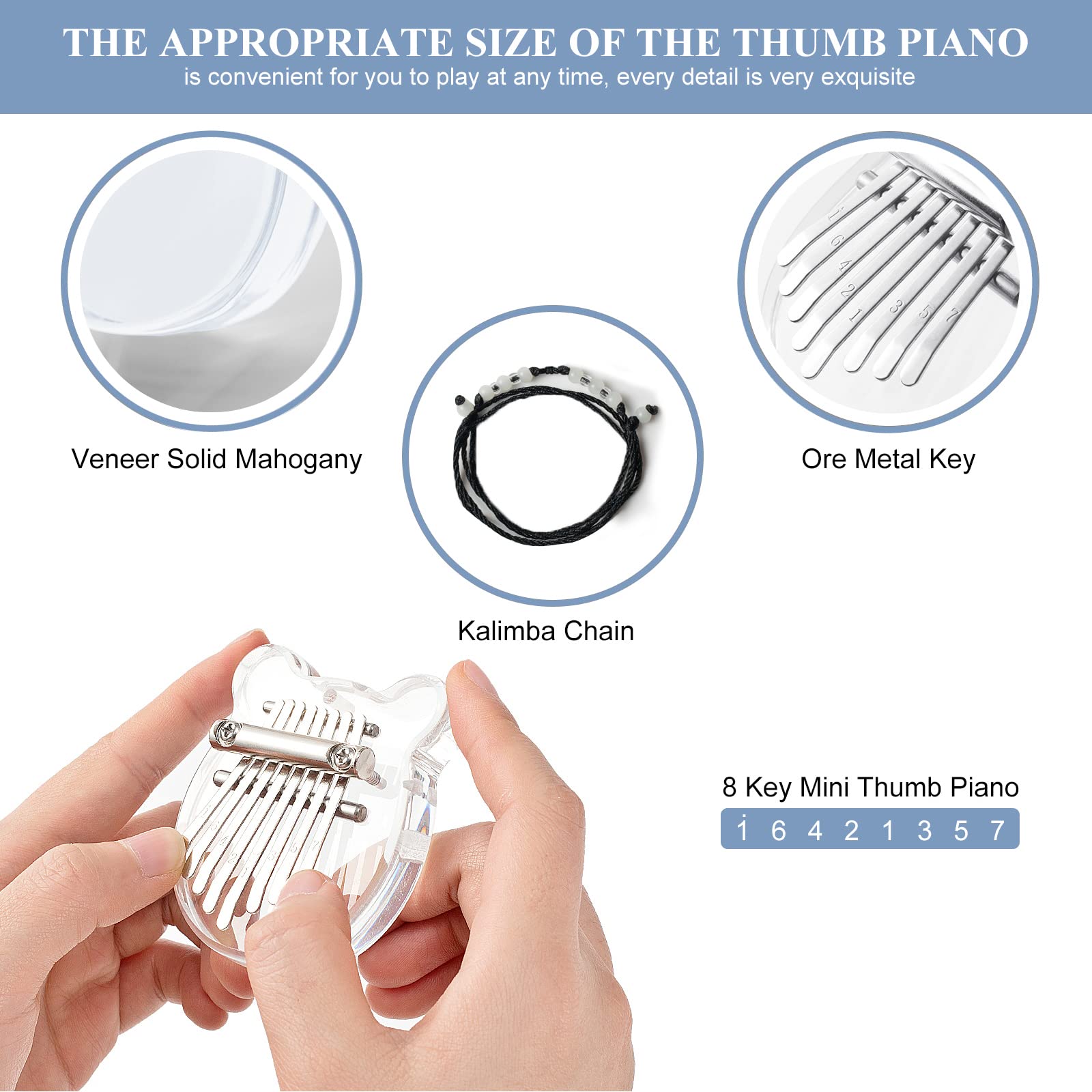 VIVP 8 Keys Mini Kalimba Thumb Piano Crystal Clear Acrylic Finger Piano Portable Marimba Musical Handmade Instruments Professional Mbira with Lanyard Chain Good Accessory Pendant Gift Easy to Learn