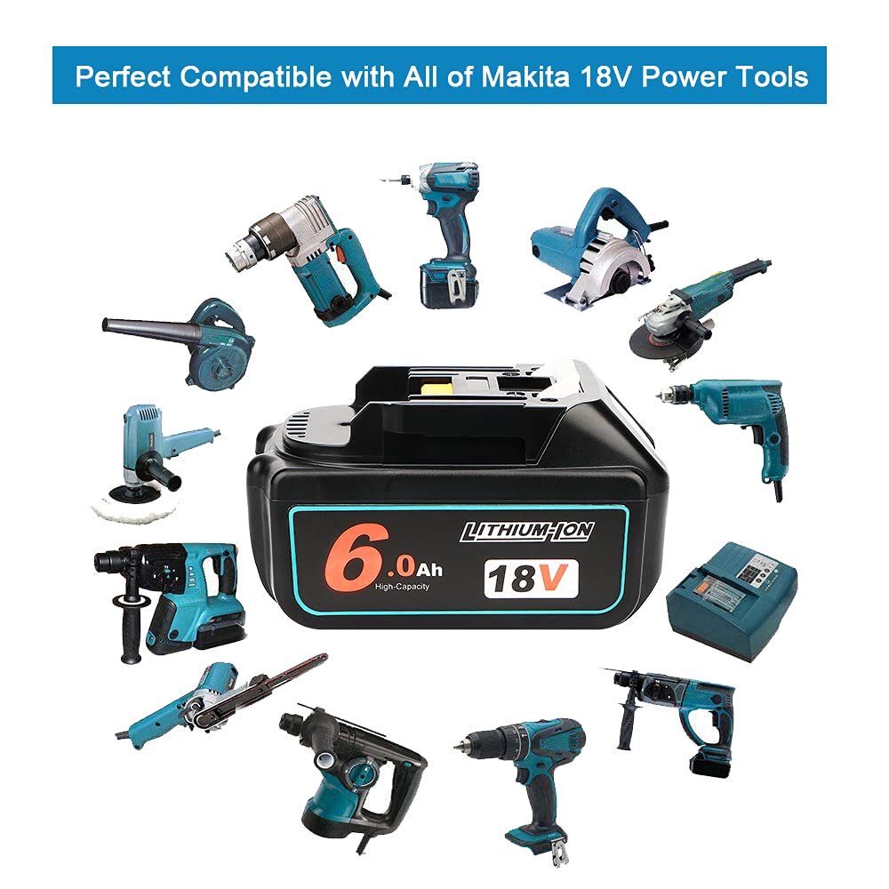 TENMOER 2-Pack 18V 6.0Ah BL1860 Replacement Battery Compatible with Makita 18V BL1830B BL1860B BL1840B BL1815 with Digital Indicator