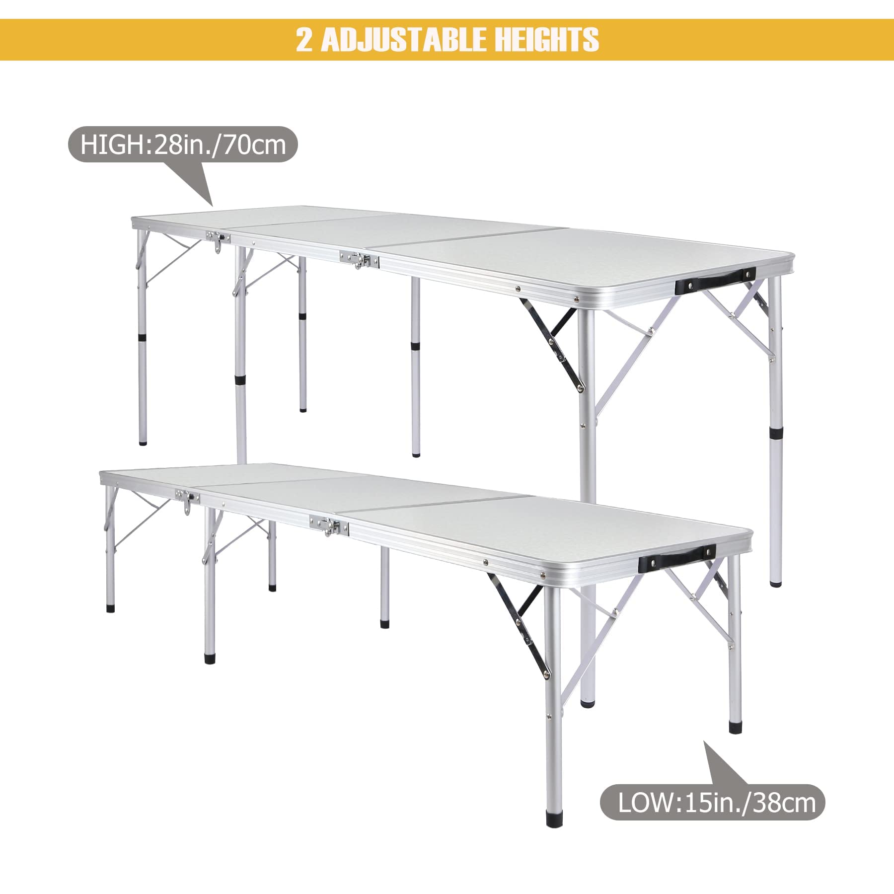RedSwing Tri-fold 6ft Folding Table, Aluminum Outdoor Table with Adjustable Heights Legs, Portable Lightweight Camping Table for Picnic, Party, Beach, 72"x24", White