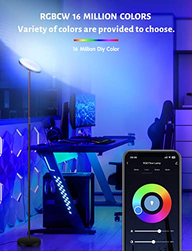 Smart RGB Floor Lamp Works with Alexa Google Home, App Remote & Touch Control, Million Colors Changing & Dimmable, Music Sync Timmer Angle Adjustable Modern Tall Standing Lamp for living room, bedroom