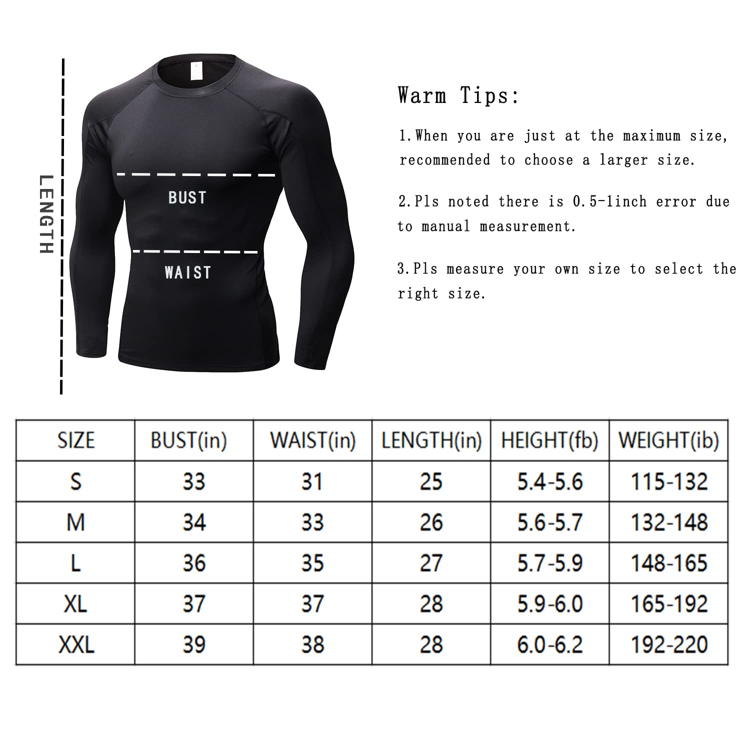 WRAGCFM Men's Long Sleeve Compression Shirts, Athletic Running T-Shirt Cool Dry Workout Base Layer Top(Black,L)