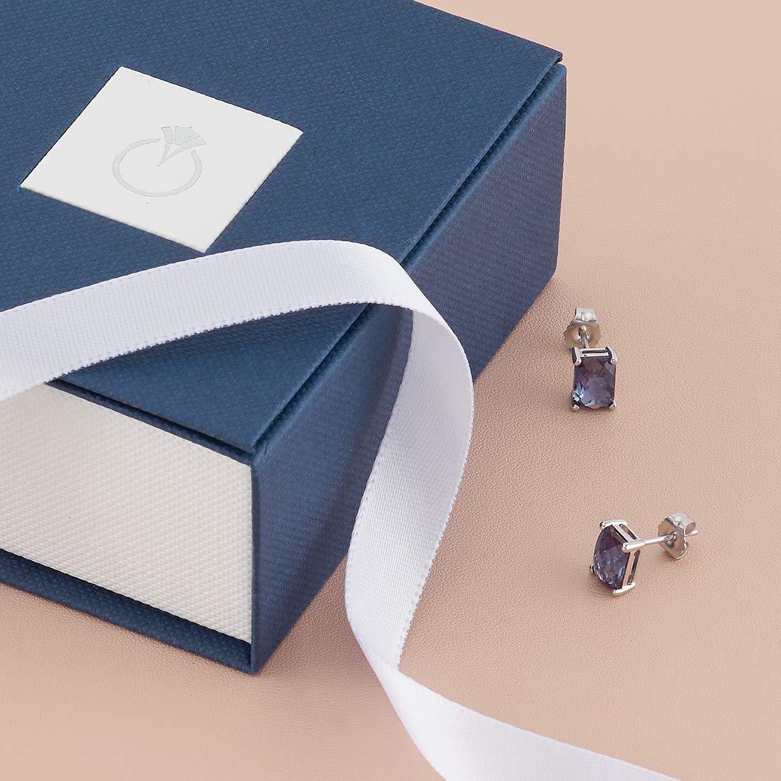 Peora 14K White Gold Created Alexandrite Earrings for Women, Color-Changing Solitaire Studs, 2.50 Carats Radiant Cut, Friction Back