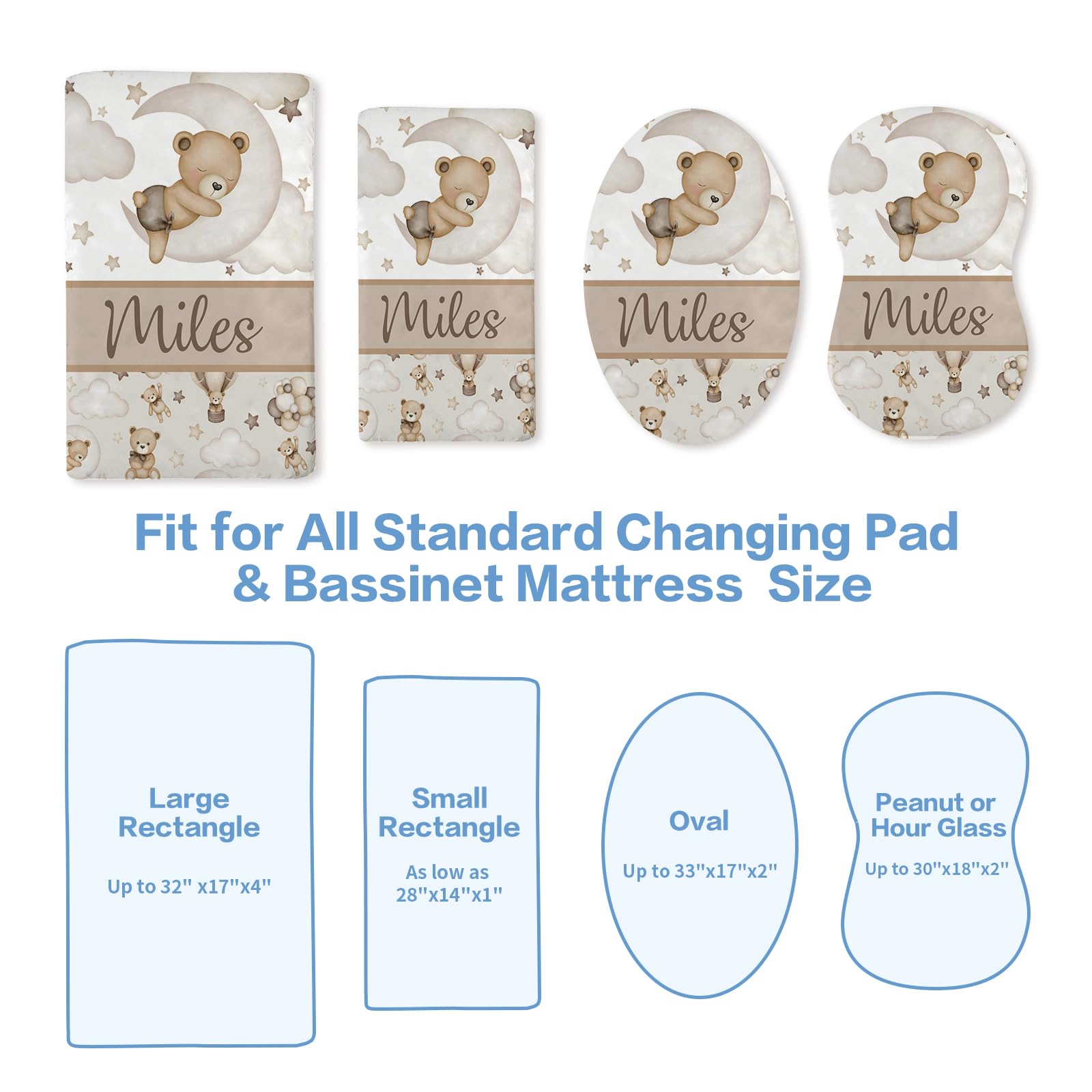 Personalized Bassinet Sheet Set 2 Pack for Baby, Custom Bassinet Mattress Sheets with Name, Universal Fitted for Various Cradle Mattress Pad, Blue & Brown Bear Bassinet Sheets for Boys (16" x 32")