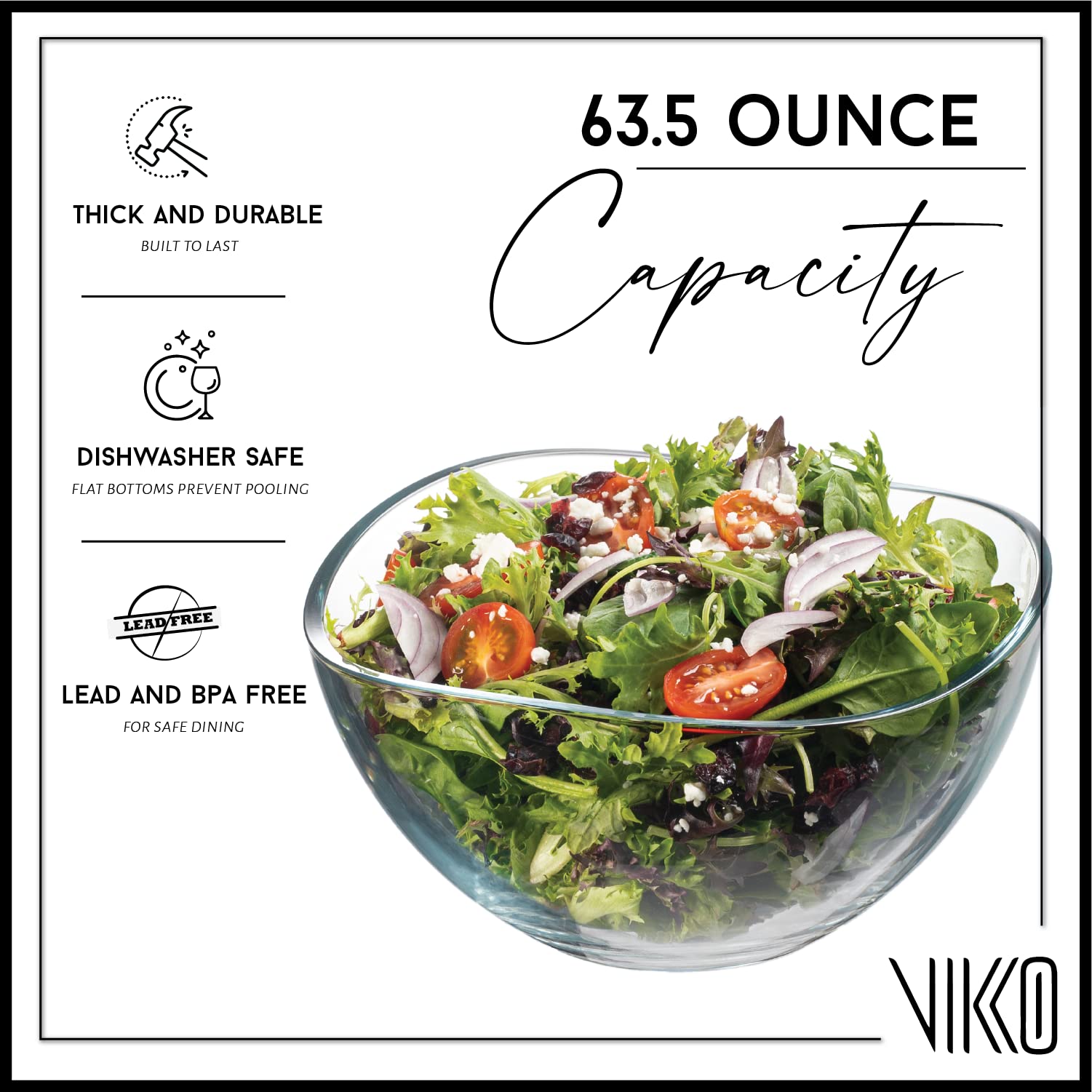 Vira 63.5 Ounce Glass Serving Bowl | Beautiful Wavy Design, Thick, Durable Glass, For Salads, Desserts, Fruit, and More, Microwave and Dishwasher Safe, 8.2β x 4.5β
